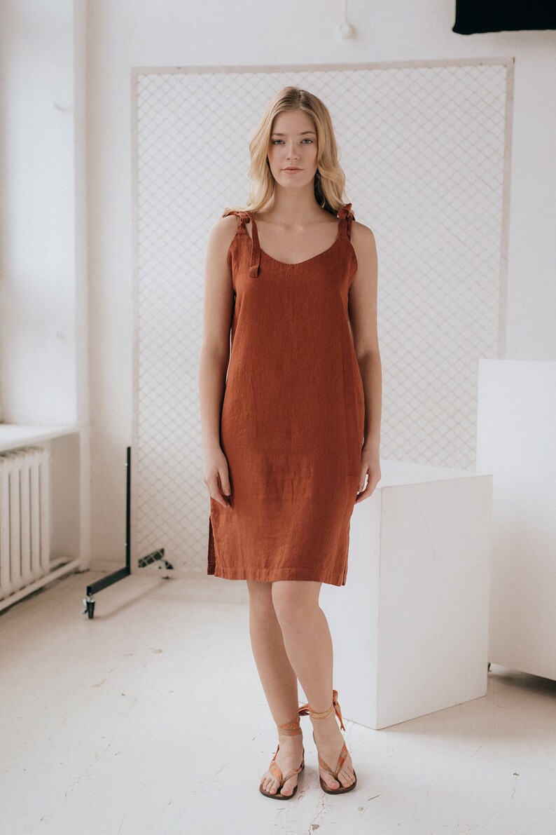 Linen Slip Dress, Rust Orange Linen Dress With Ties, Strappy Linen ...