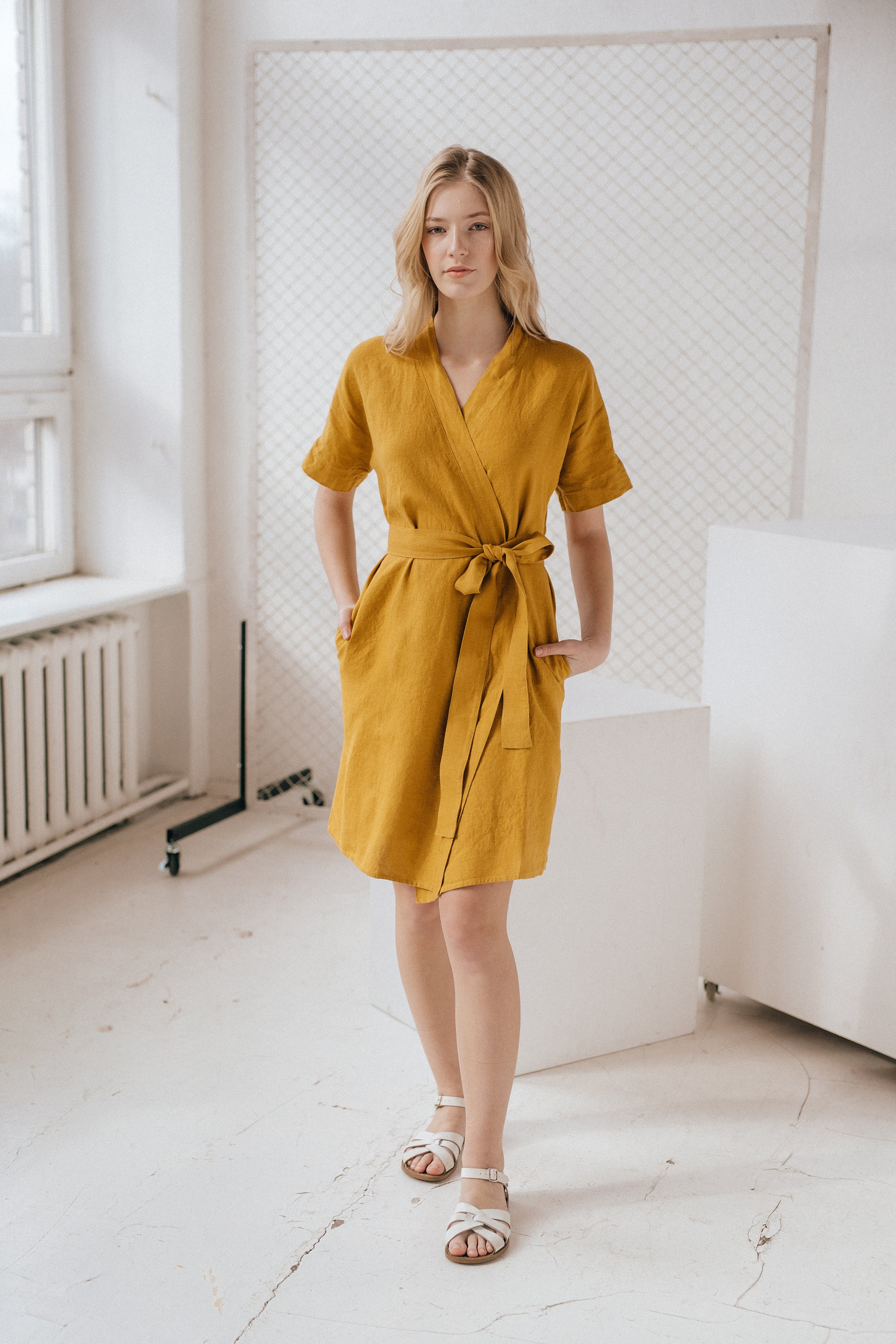 Linen Wrap Dress, Linen Robe Dress, Linen Kimono Sleeve Dress, Washed ...