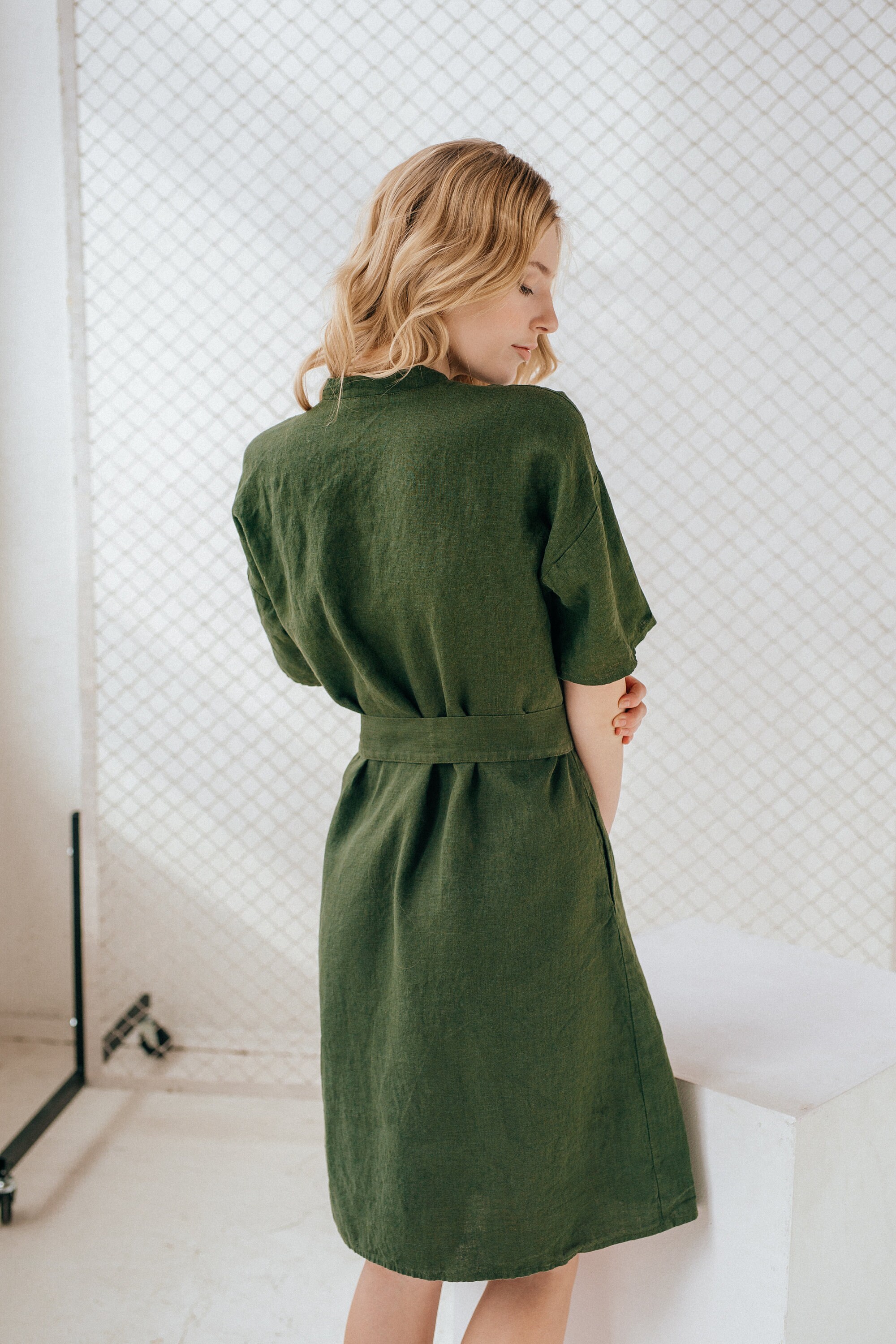 Linen wrap dress Linen robe dress Linen kimono sleeve dress | Etsy