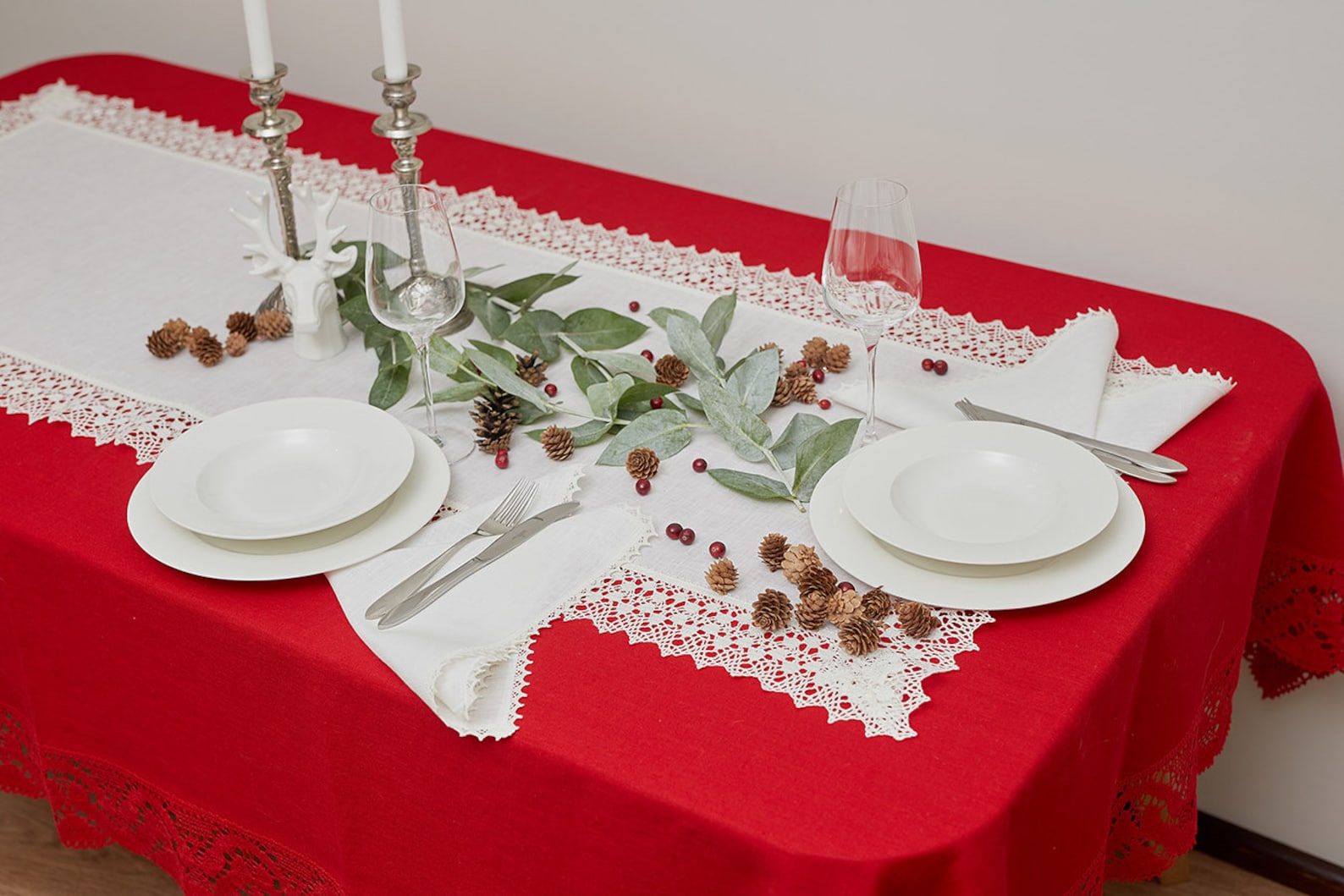 LINEN Christmas TABLECLOTH, Red Linen Tablecloth With French Lace ...