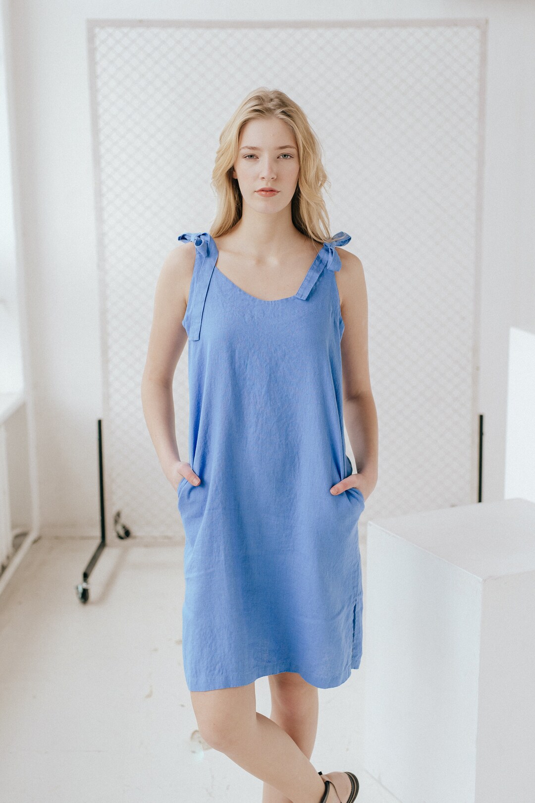 Linen Slip Dress, Blue Linen Dress With Ties, Strappy Linen Dress ...