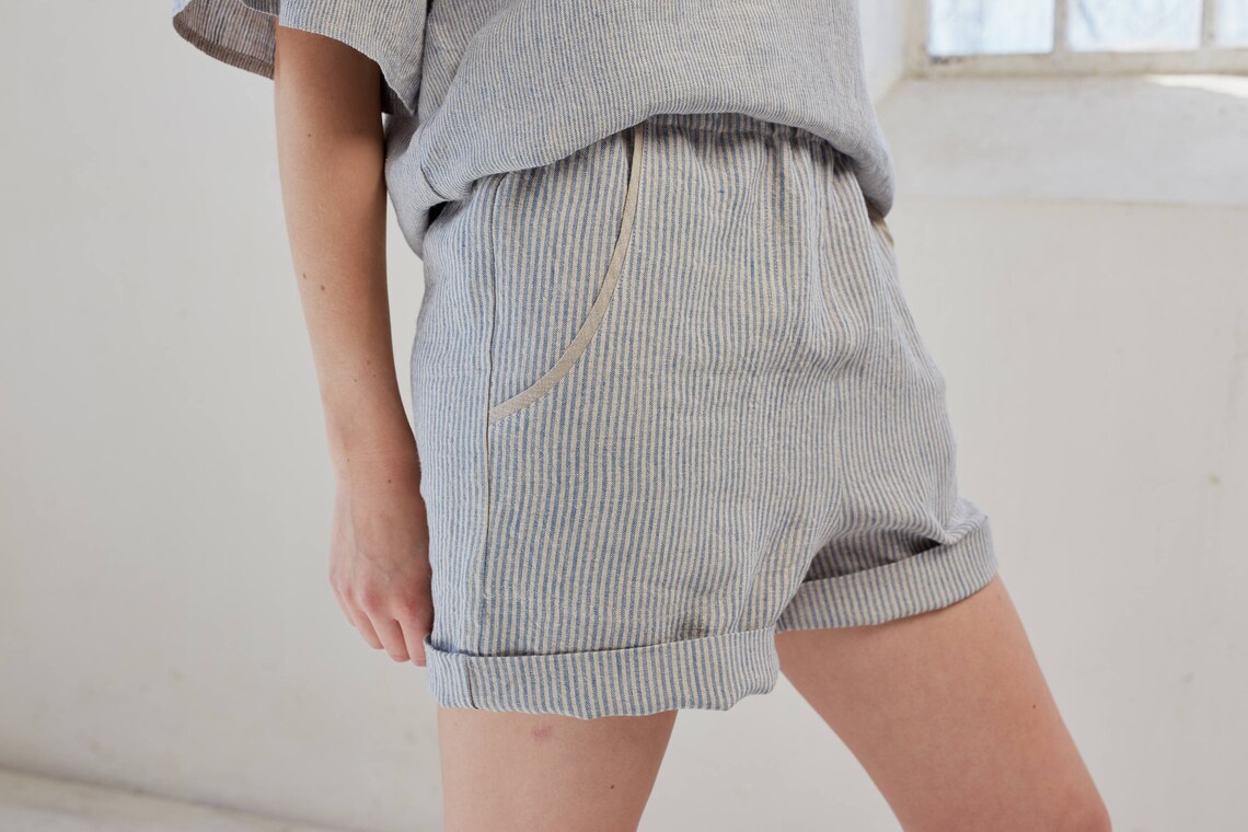 Women's Linen Shorts Striped Summer Shorts Natural Flax - Etsy