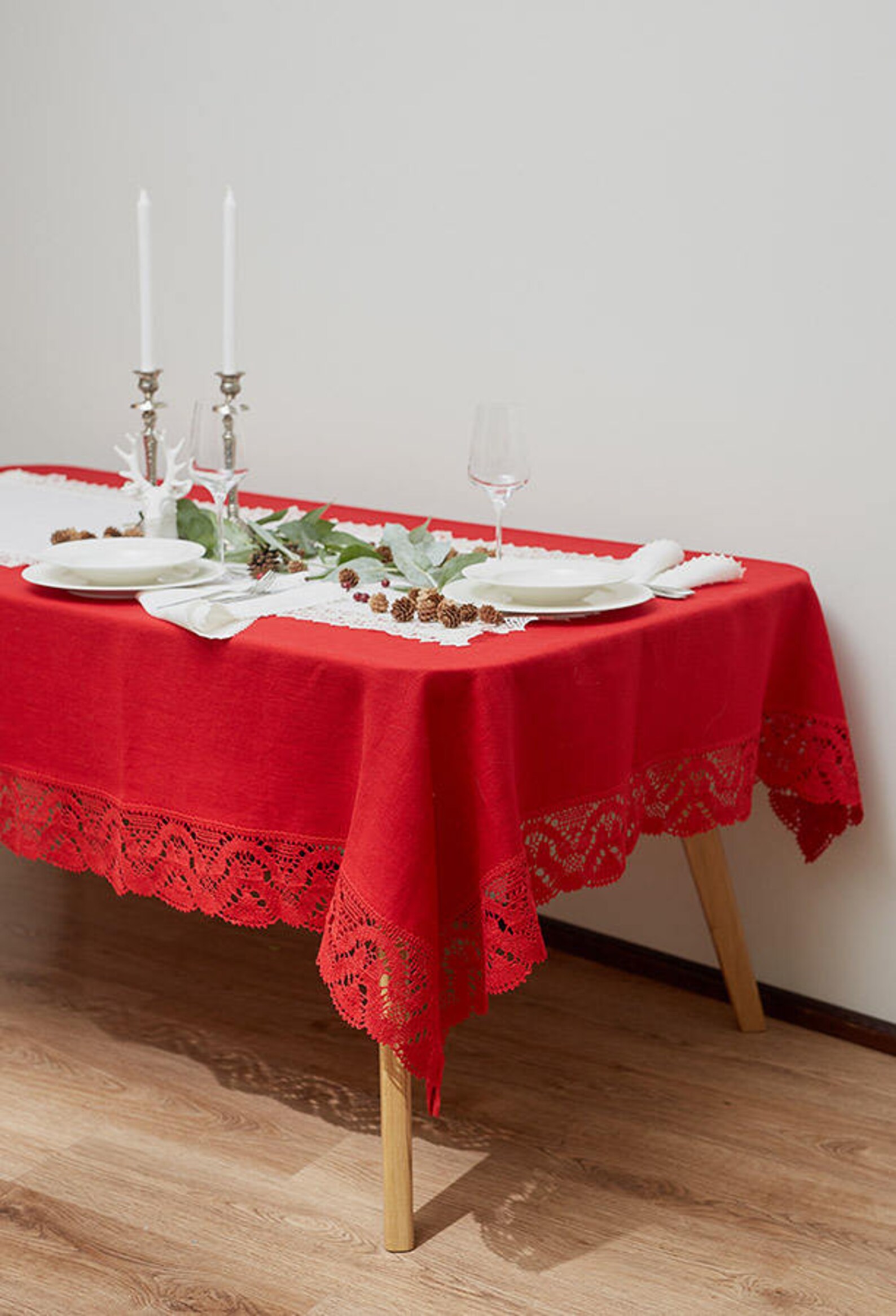 LINEN Christmas TABLECLOTH, Red Linen Tablecloth With French Lace ...