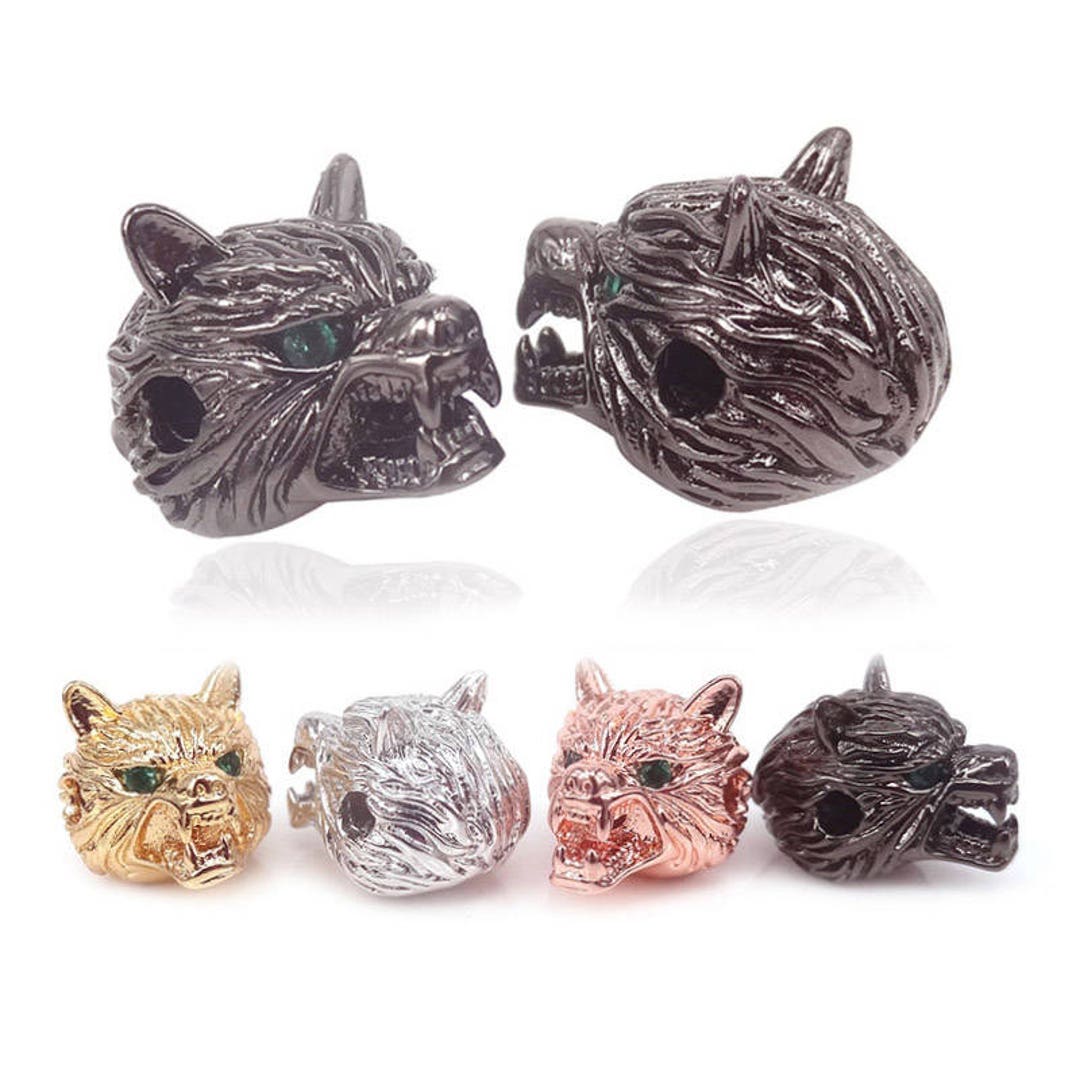 Silver Wolf Head Bead, Green CZ Eye Wolf Beads, Wolf Charms Bead, CZ ...