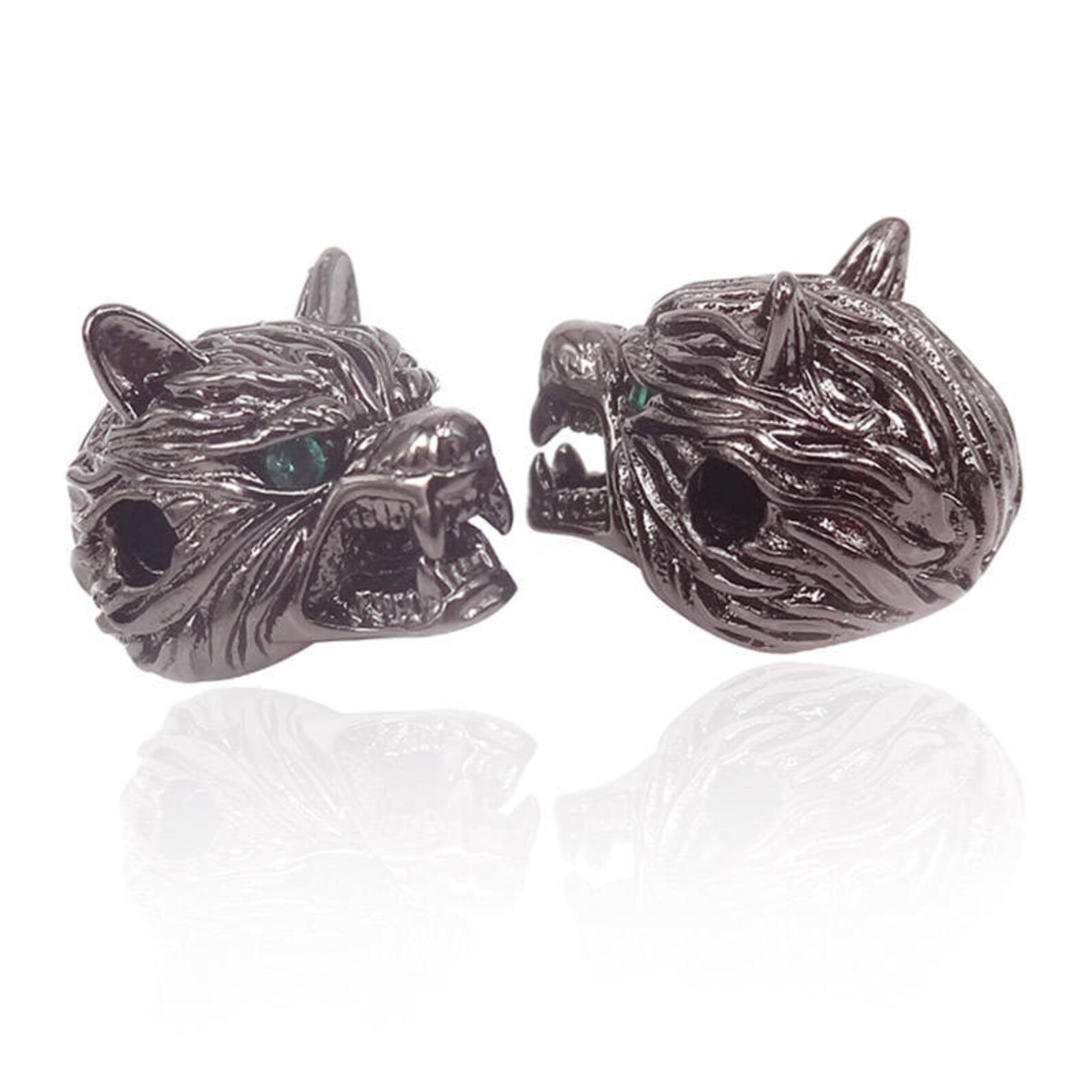 Silver Wolf Head Bead Green CZ Eye Wolf Beads Wolf Charms | Etsy