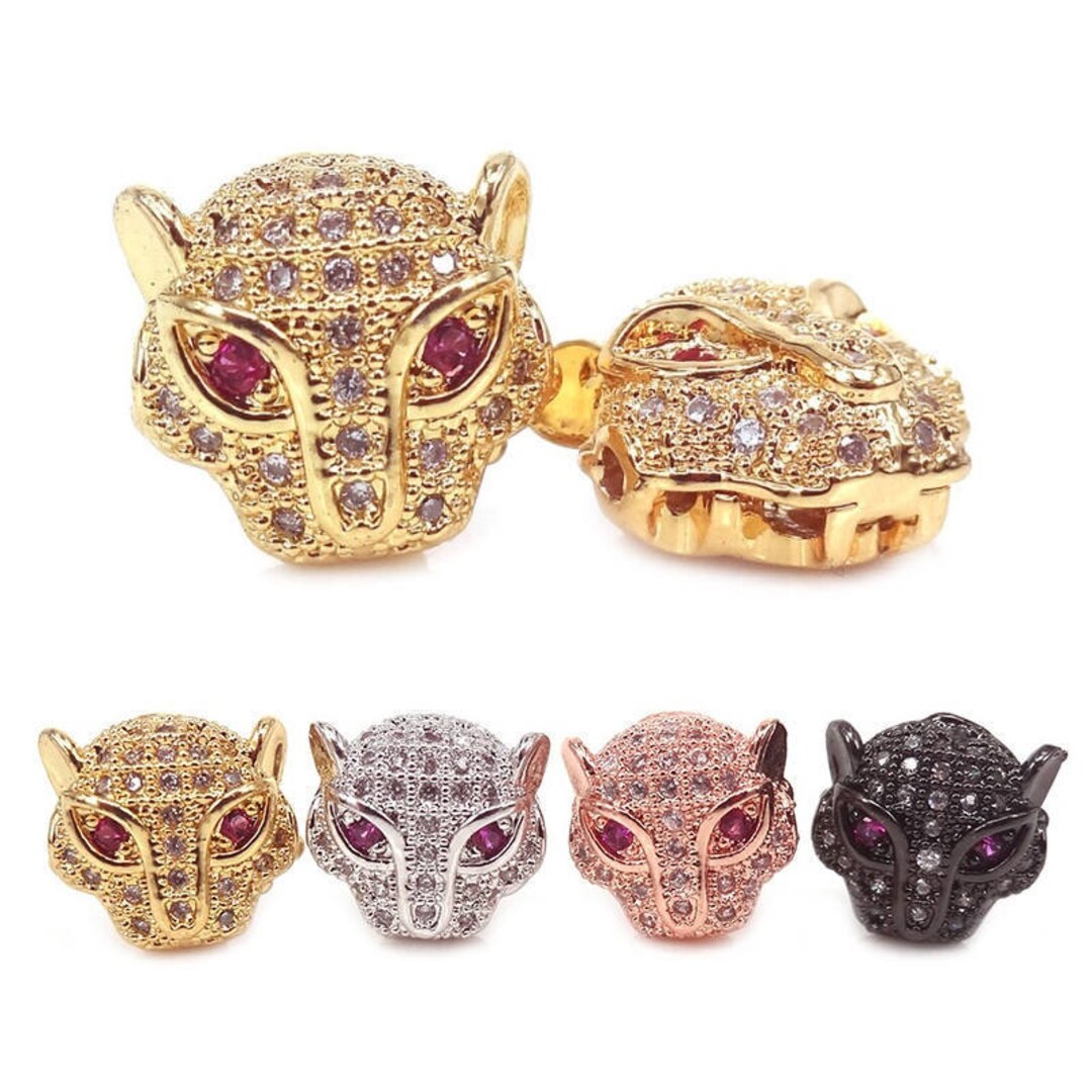 Silver Leopard Head Bead, Gold Cheetah Beads, Leopard Head Bead, CZ ...