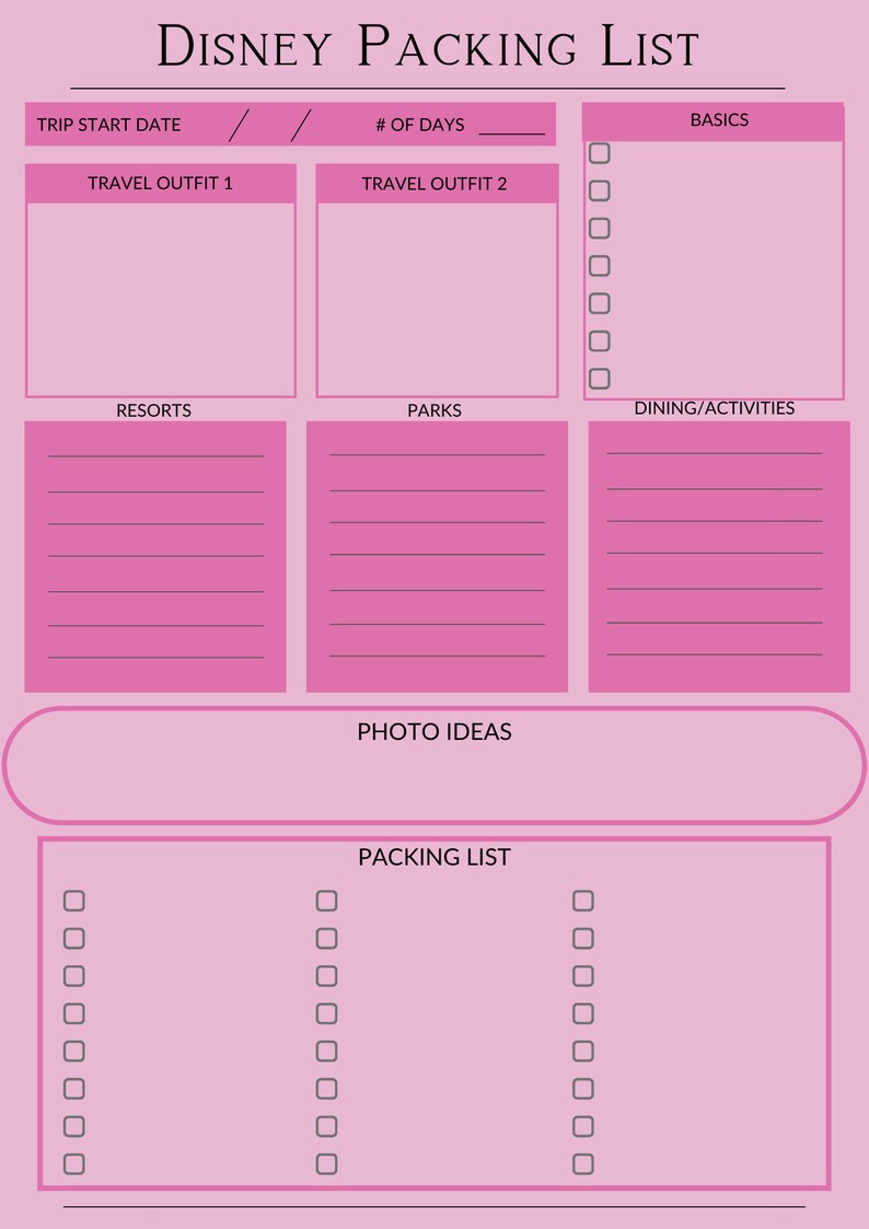 Disney Packing List Template - Etsy