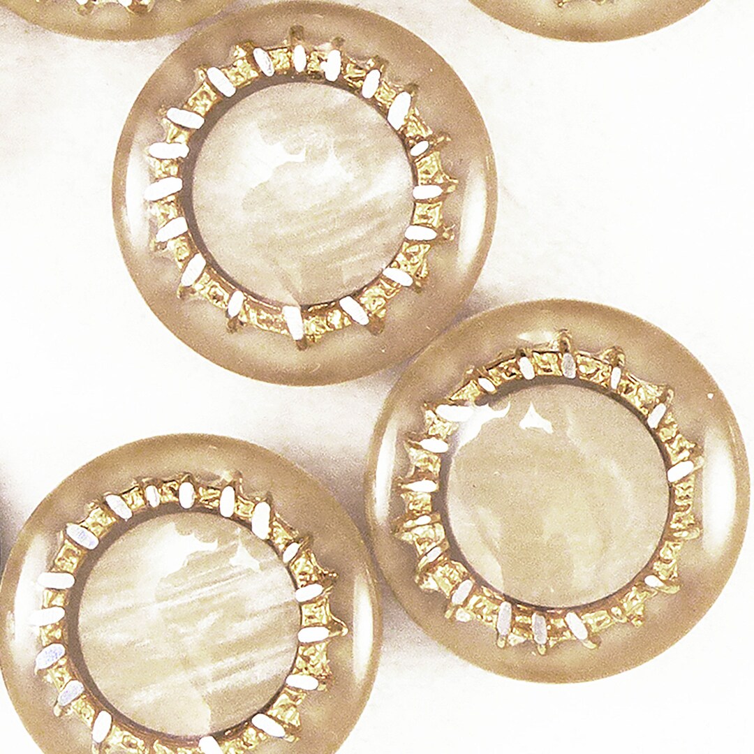 Vintage Beige Pearlized Button With Encased Gold and Silver Ring (18 Mm ...
