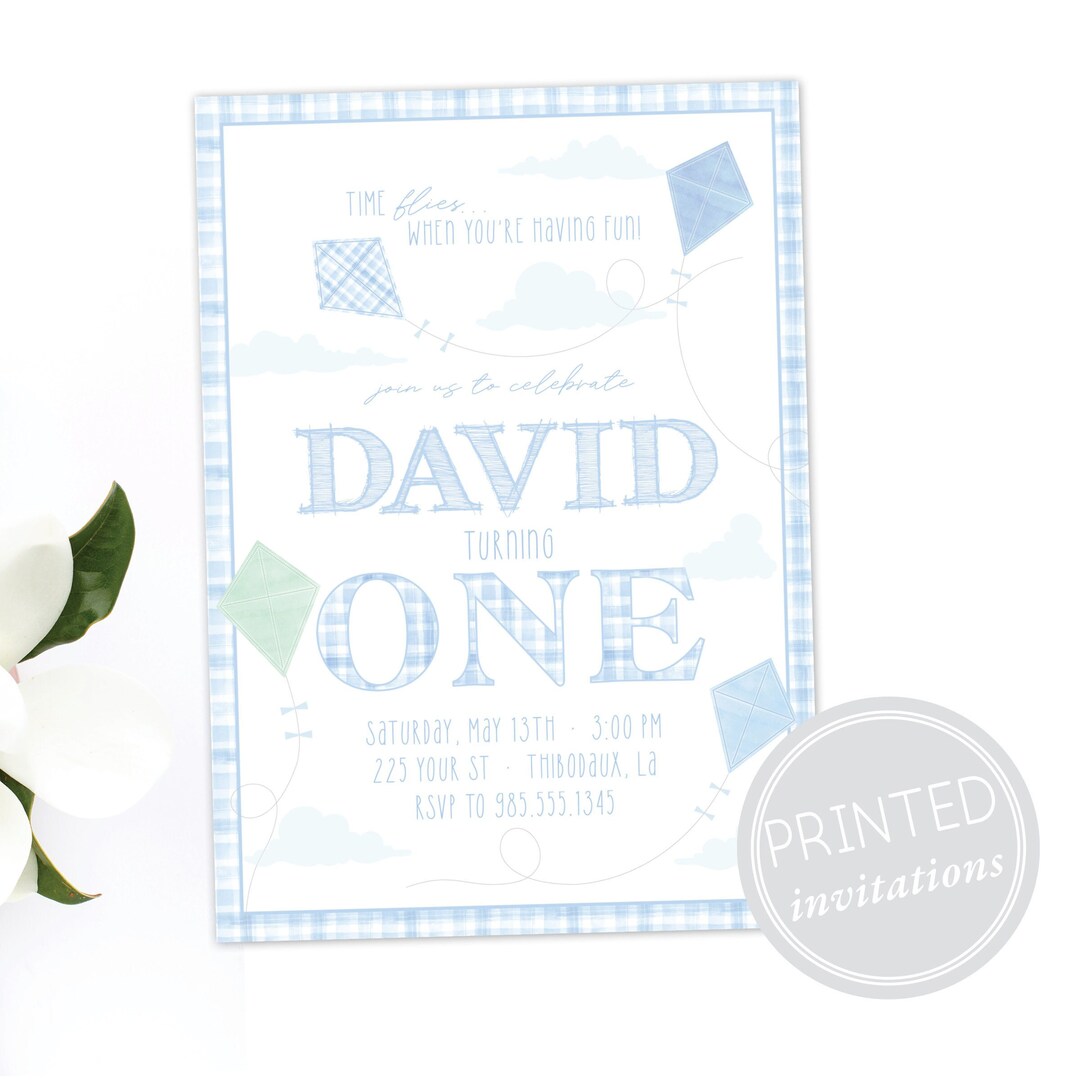 Blue Gingham Kite First Birthday Invitation · 1st Birthday · Pastel ...