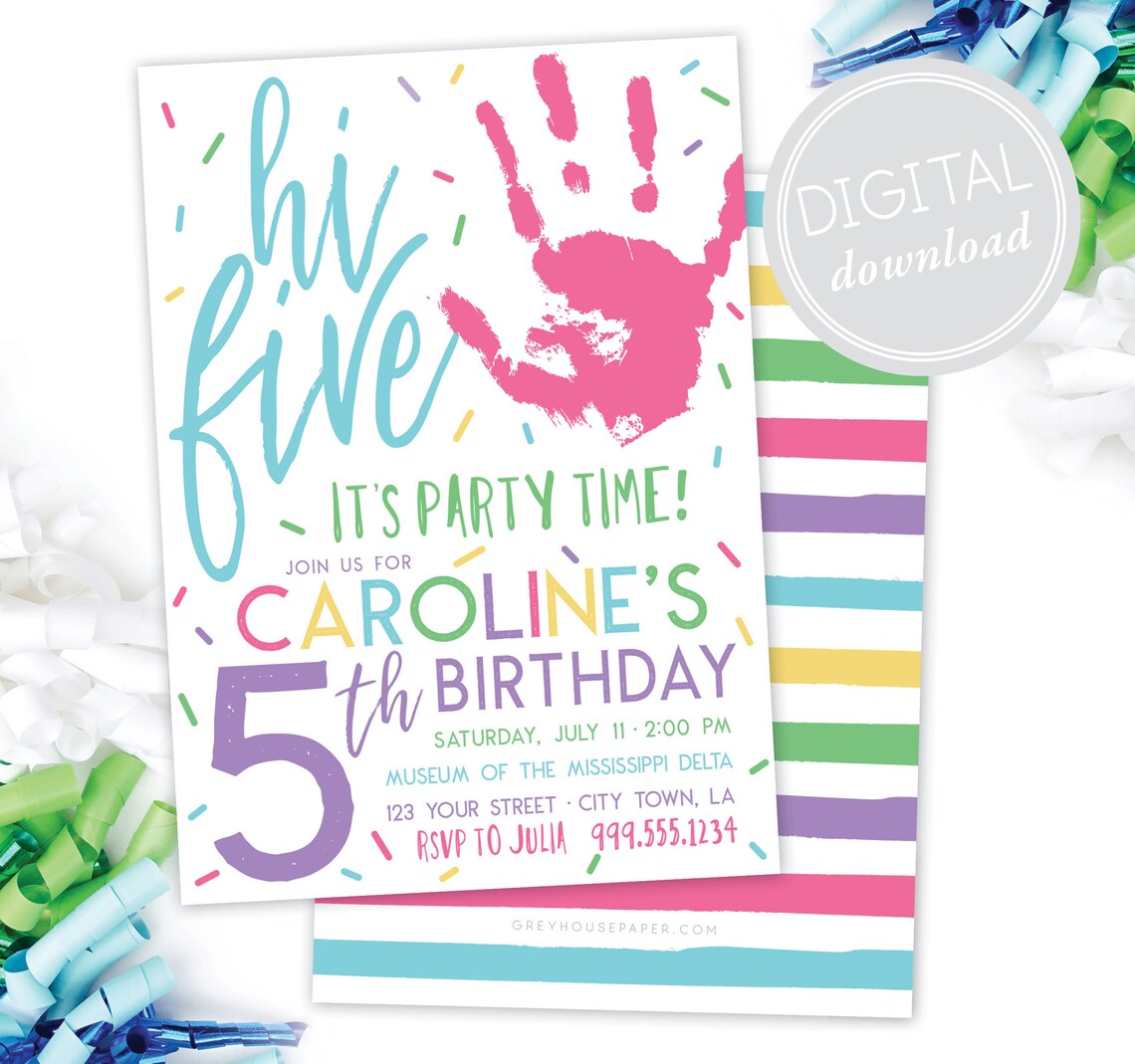 Hi Five 5th Birthday Invitation · Modern Party · High Five · Hand ...