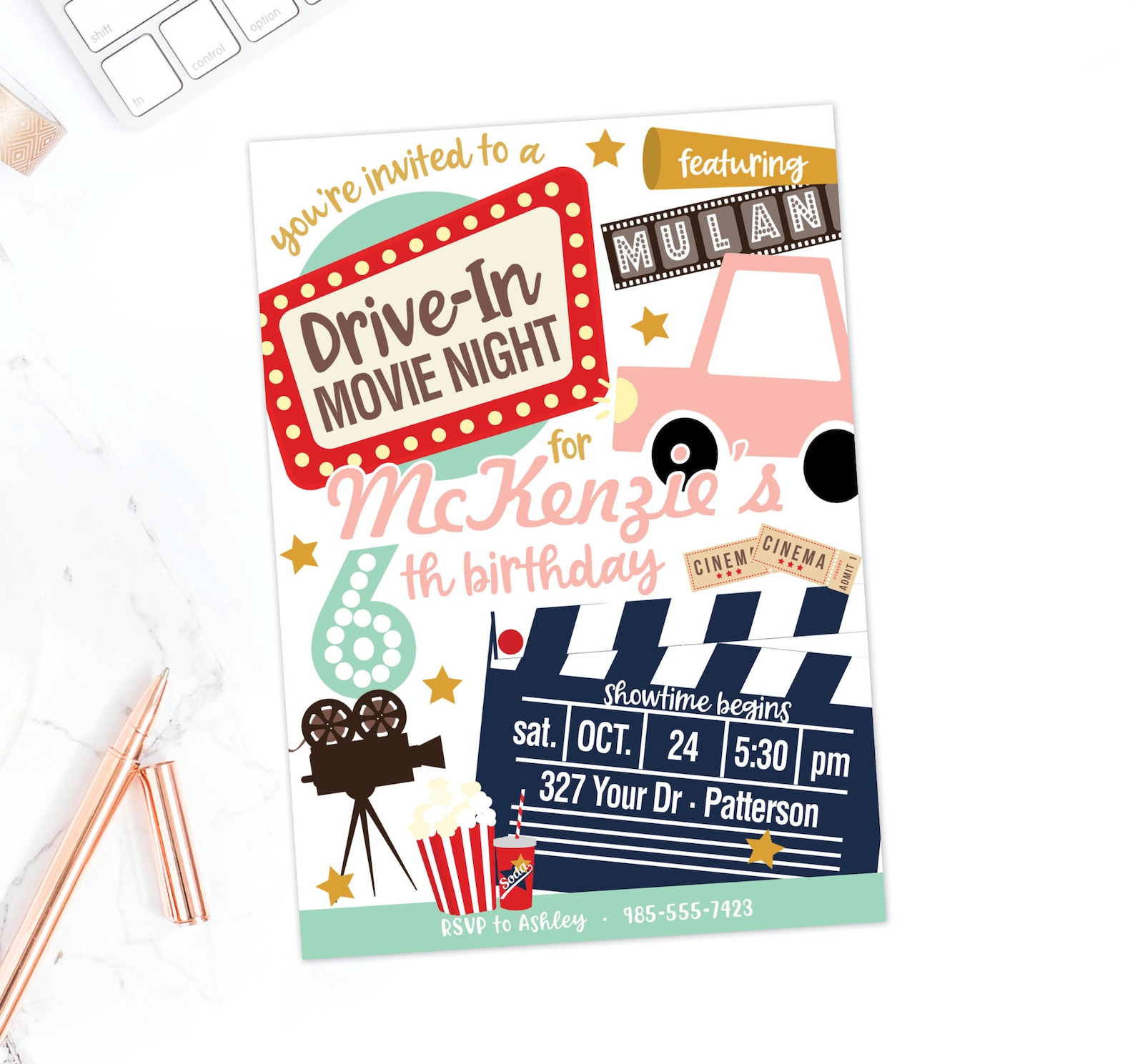 Retro Drive-in Movie Night Birthday Invitation · Pink and Green · Girl ...