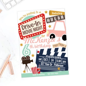 Retro Drive-in Movie Night Birthday Invitation · Pink and Green · Girl ...
