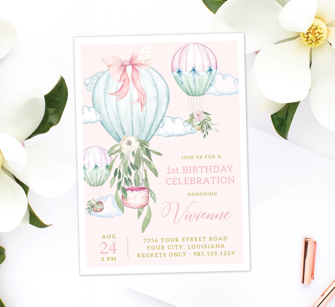 Pastel Hot Air Balloon Birthday Invitation · First Birthday Party ...