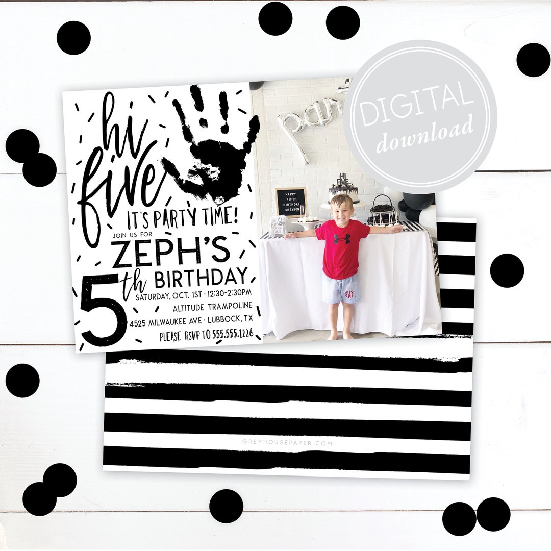 Hi Five 5th Birthday Invitation W/ Photo · Modern Boy Party · High Five ...