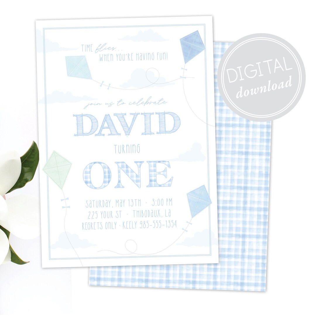 Blue Gingham Kite First Birthday Invitation · 1st Birthday · Pastel ...