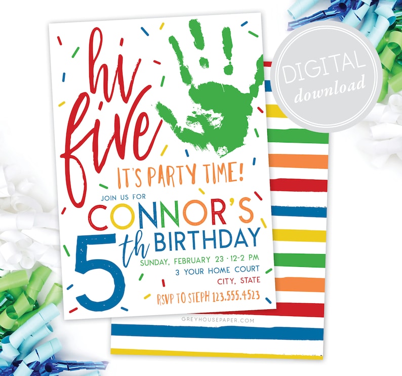 Hi Five 5th Birthday Invitation · Modern Party · High Five · Hand ...