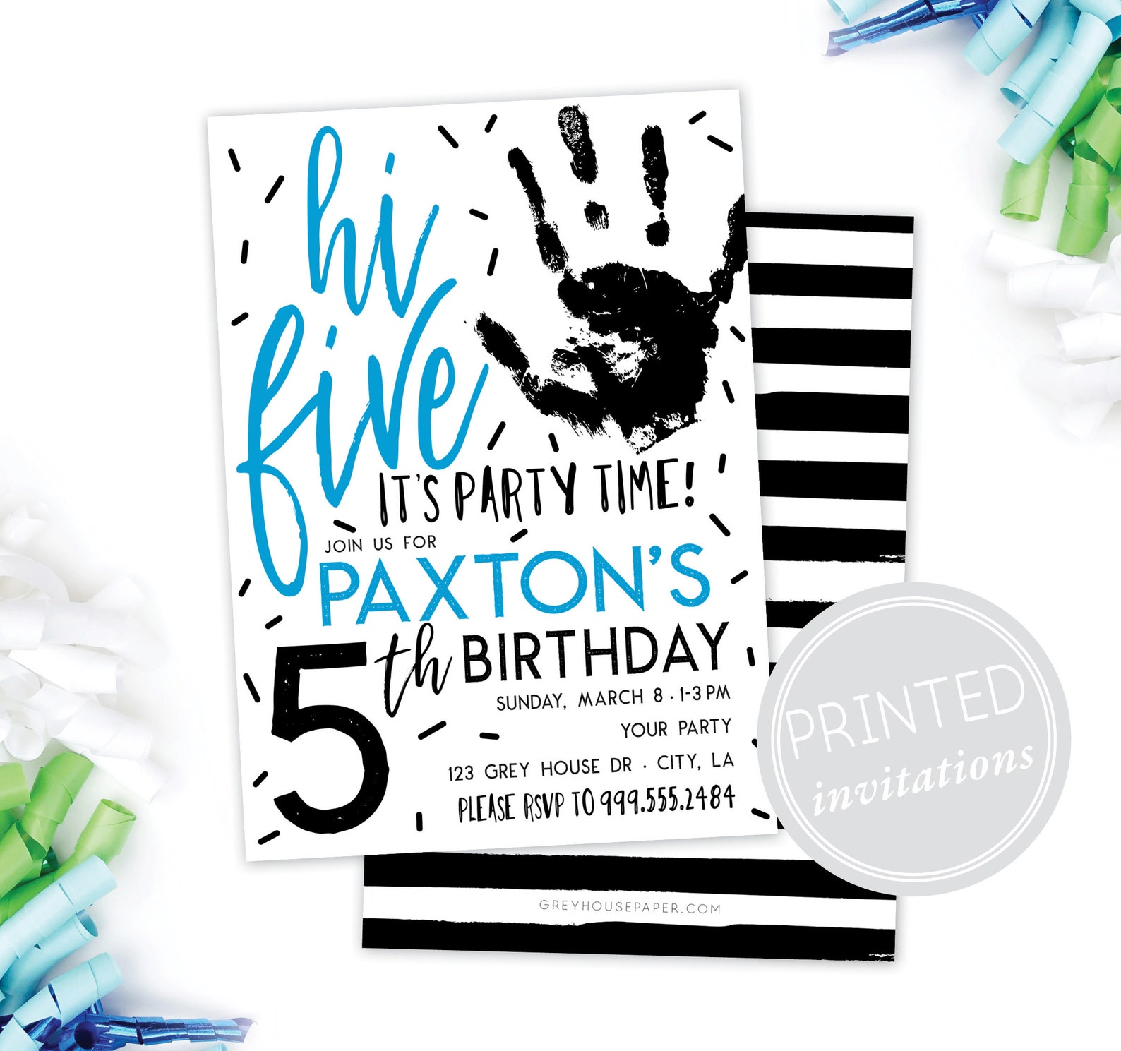 Hi Five 5th Birthday Invitation · Modern Party · High Five · Hand ...