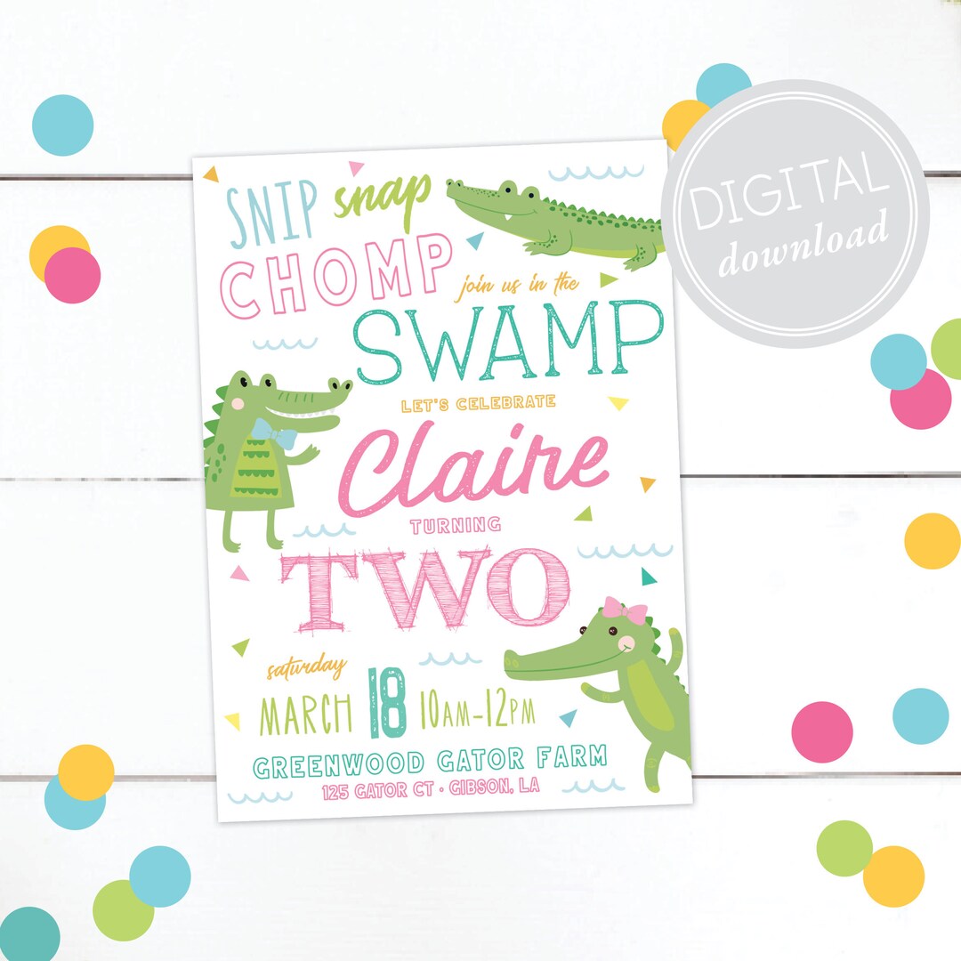 Girl Gator Swamp Birthday Party Invitation · Alligator Party · Pink ...