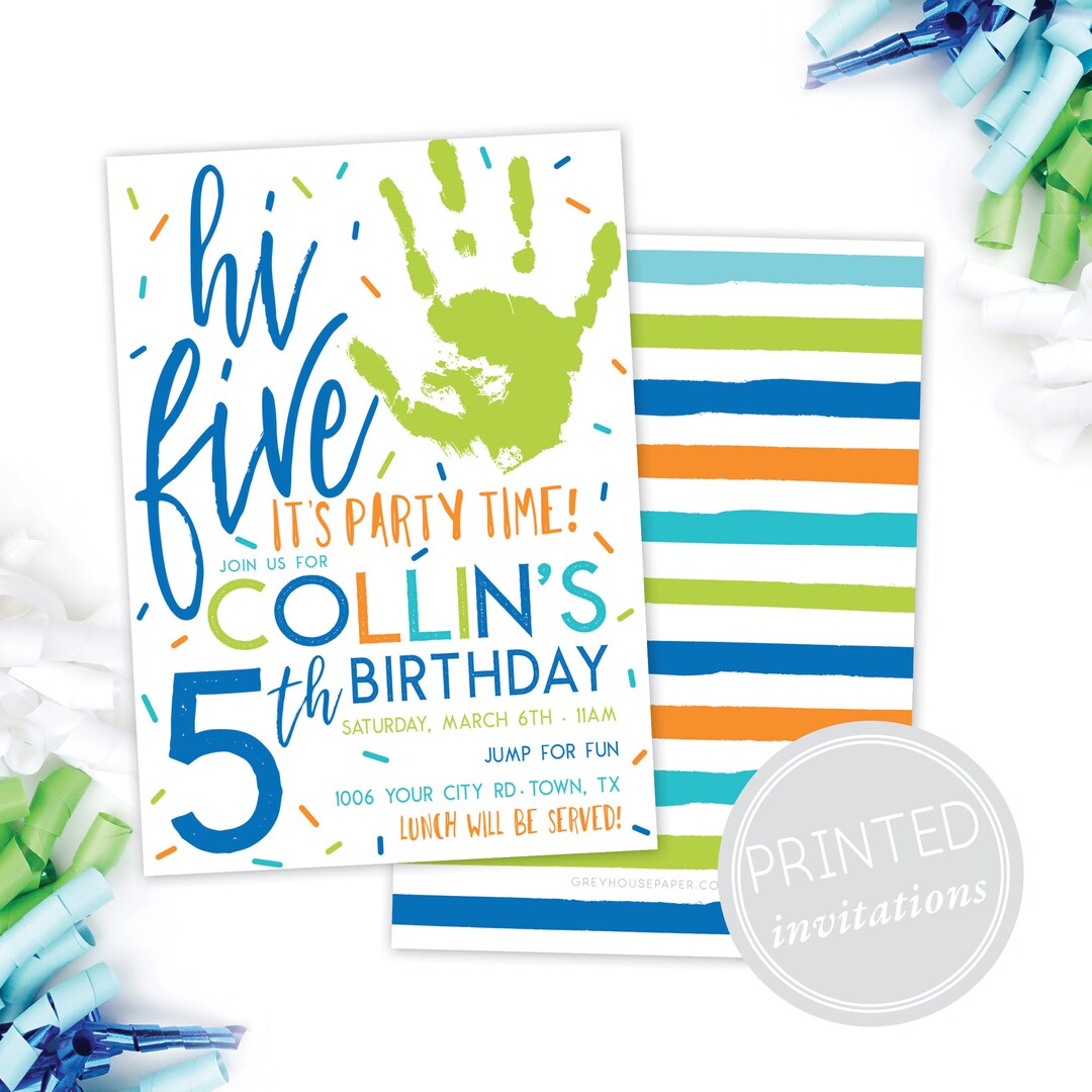 Hi Five 5th Birthday Invitation · Modern Party · High Five · Hand ...