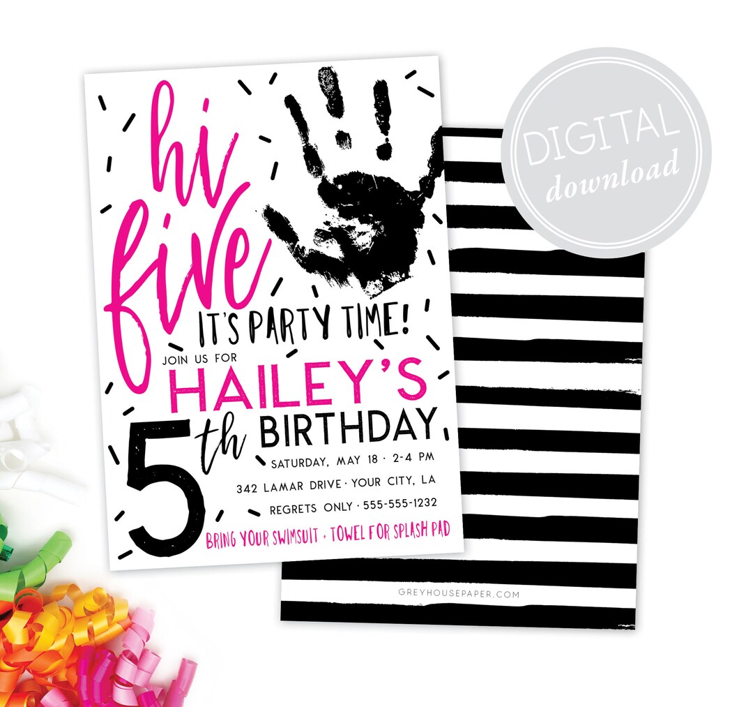 Hi Five 5th Birthday Invitation · Modern Party · High Five · Hand ...
