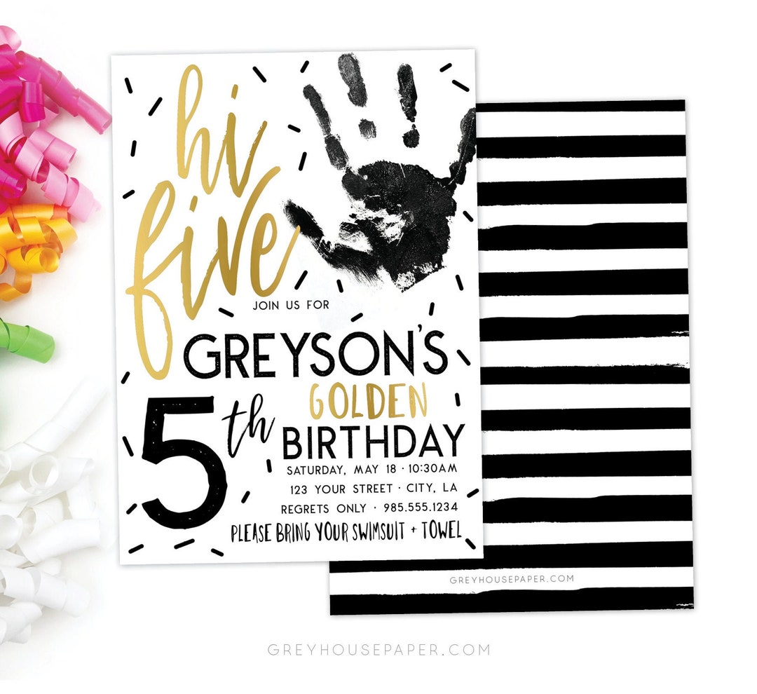 Hi Five 5th Birthday Invitation · Modern Party · High Five · Hand ...