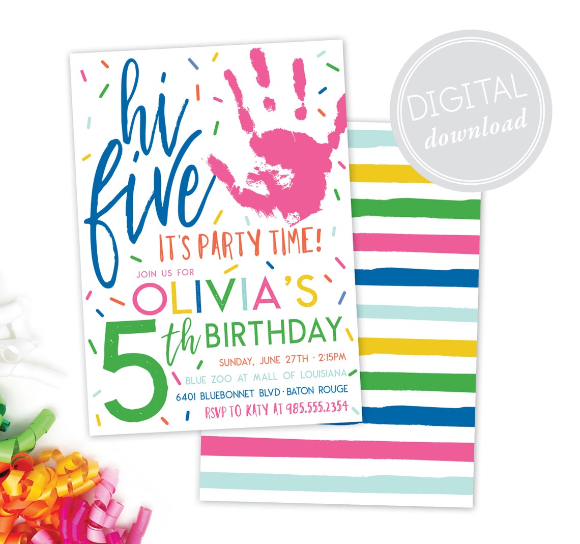 Hi Five 5th Birthday Invitation · Modern Party · High Five · Hand ...