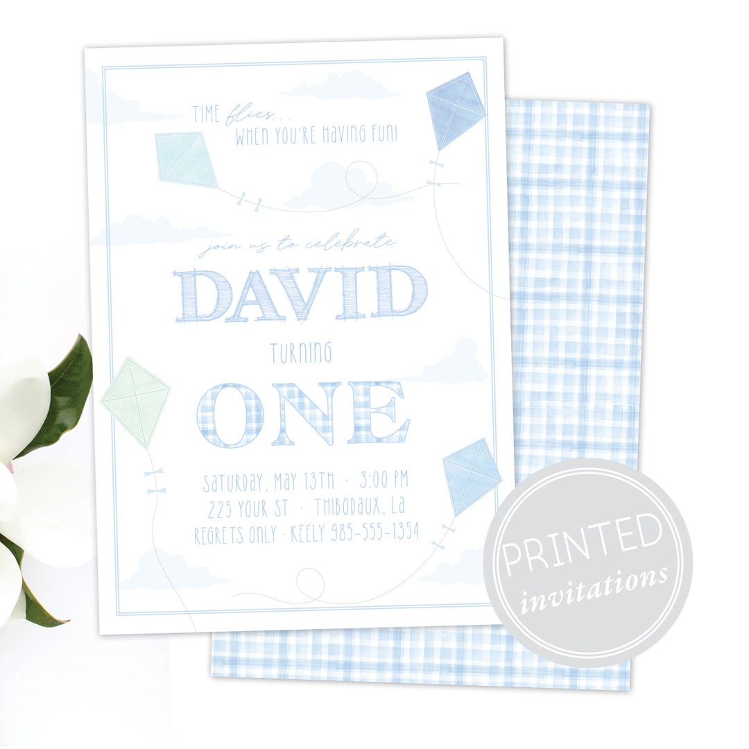 Blue Gingham Kite First Birthday Invitation · 1st Birthday · Pastel ...