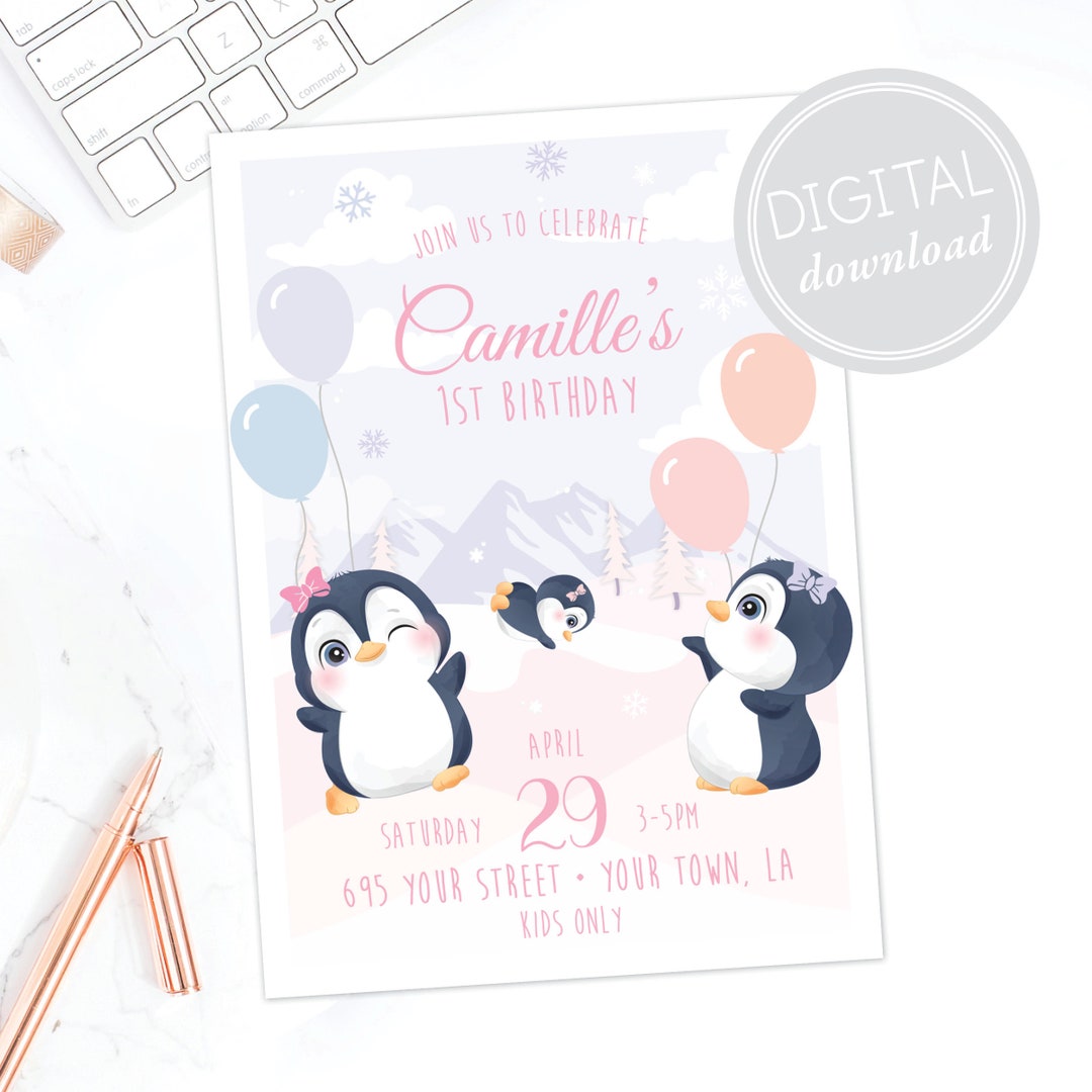 Baby Penguin Birthday Invitation · 1st Birthday · Girl · Winter · Pink ...