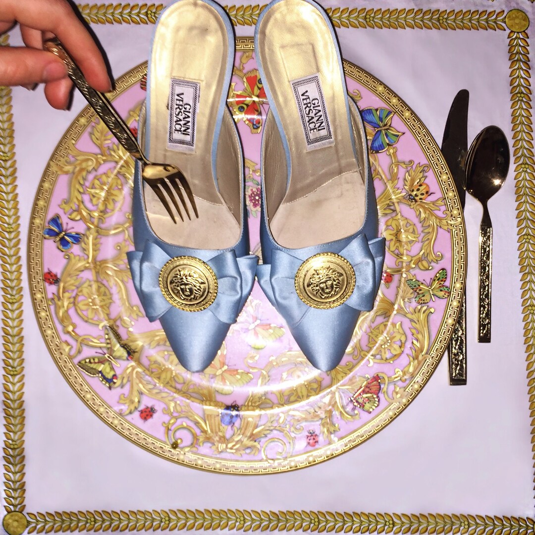 Vintage VERSACE Iconic Powder Blue Medusa Mule - Etsy