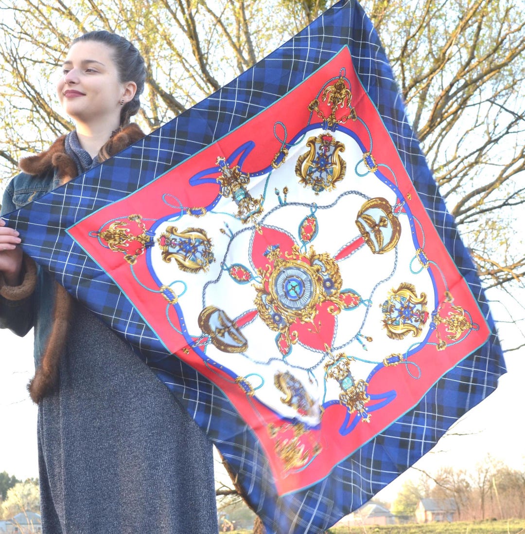 Vintage Baroque Silky Satin Scarf Red Blue White, Equestrian Print With ...