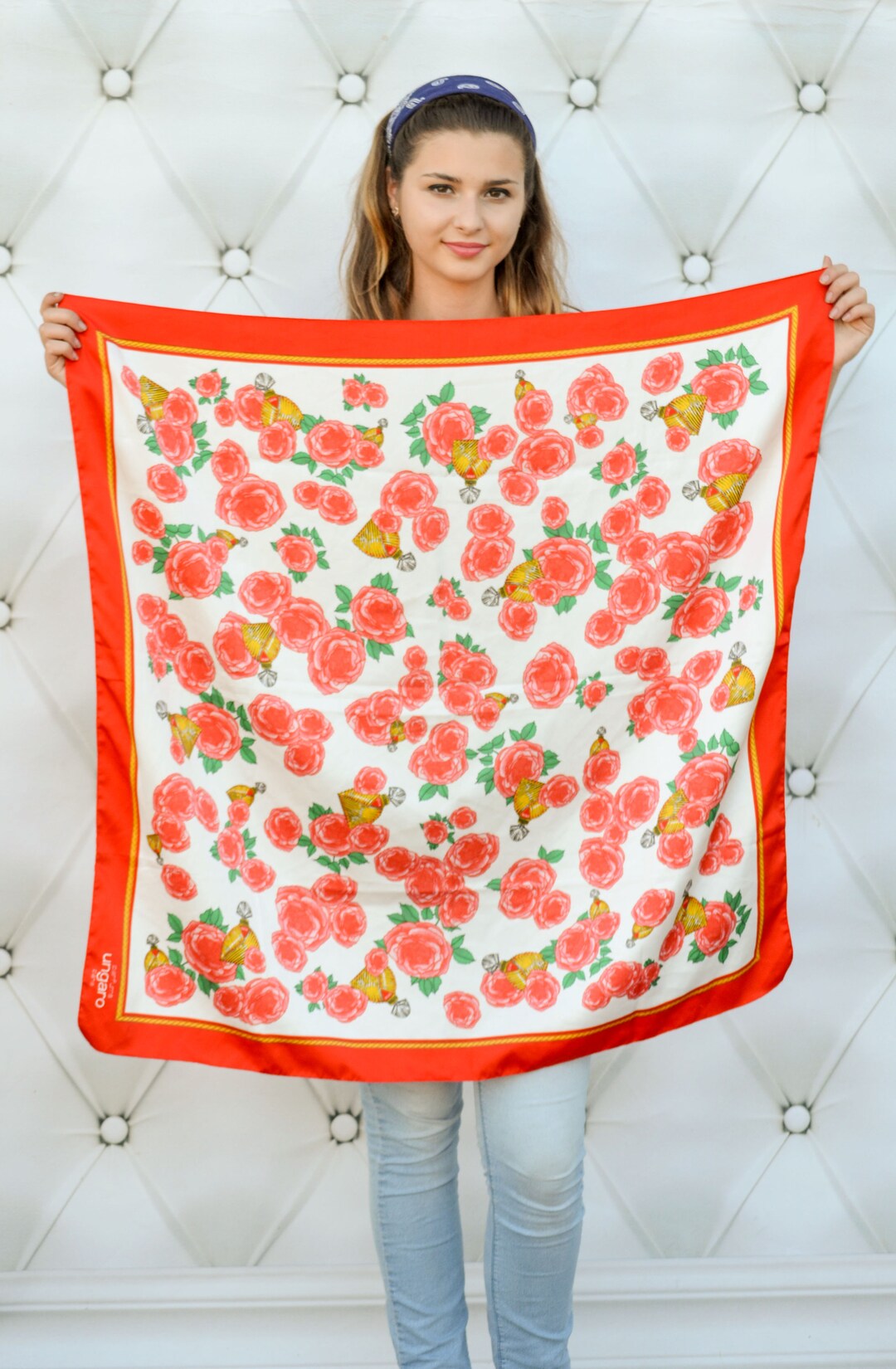 Satin Square Head Scarf Red Roses White DIVA UNGARO Parfums Paris ...