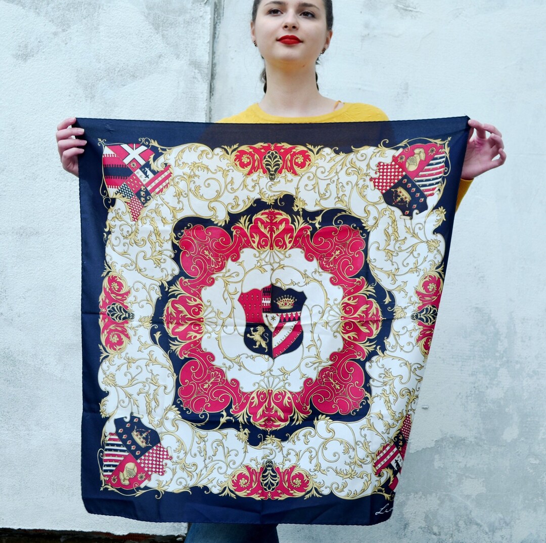 White Black Silk Large Square Scarf Heraldry Print Bandana Head Scarf ...