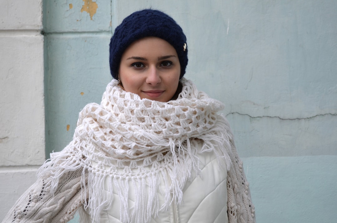 White Crochet Bridal Shawl Wrap, Triangular Scarf With Fringe for Bride ...