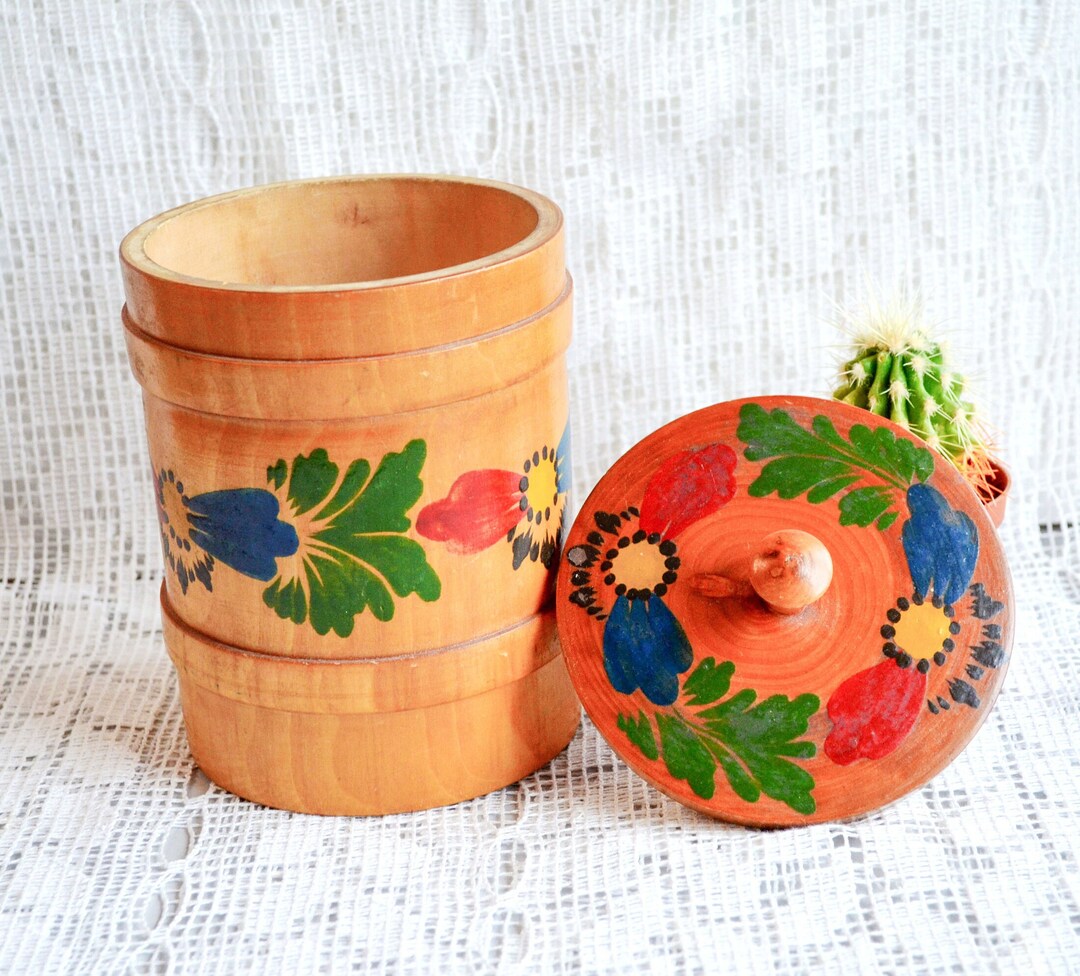 Wood Jar Canister With Lid Folk Art Hand Painted, Handpainted Wood ...