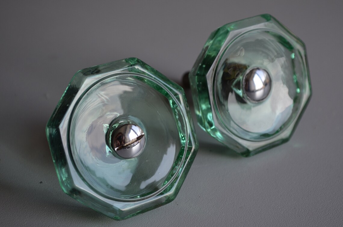 Vintage Green Glass Door Knob Handle Pair сlear Crystal Door Etsy