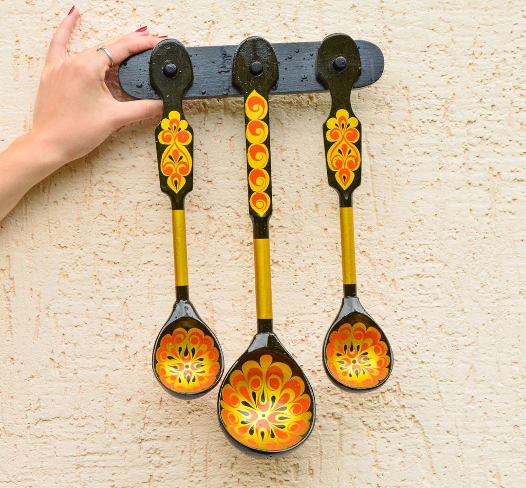 Folk Art Decorative Wooden Spoon, Vintage Hand Painted Lacquered Set of ...