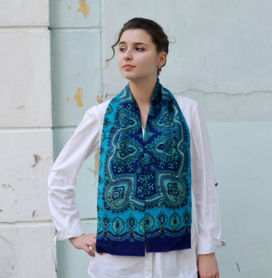 Blue Neck Scarf Paisley Bohemian, Hand Made Unisex Wool Men's Opera ...