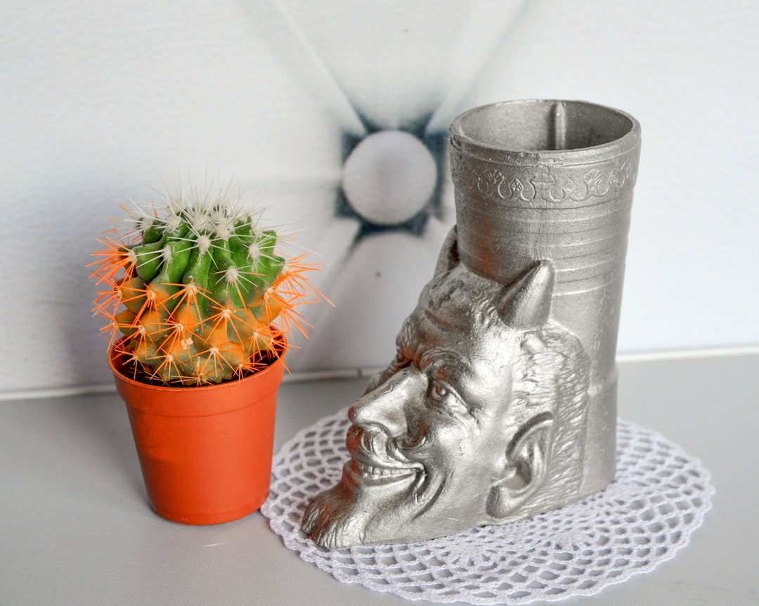 Satyr Demon Krampus Man Head Metal Cup, Devil Occult Sculpture, Gothic ...