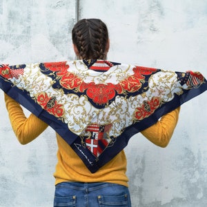 White Black Silk Large Square Scarf Heraldry Print Bandana Head Scarf ...