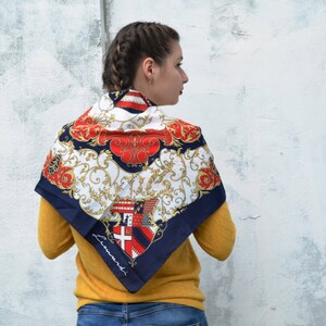 White Black Silk Large Square Scarf Heraldry Print Bandana Head Scarf ...