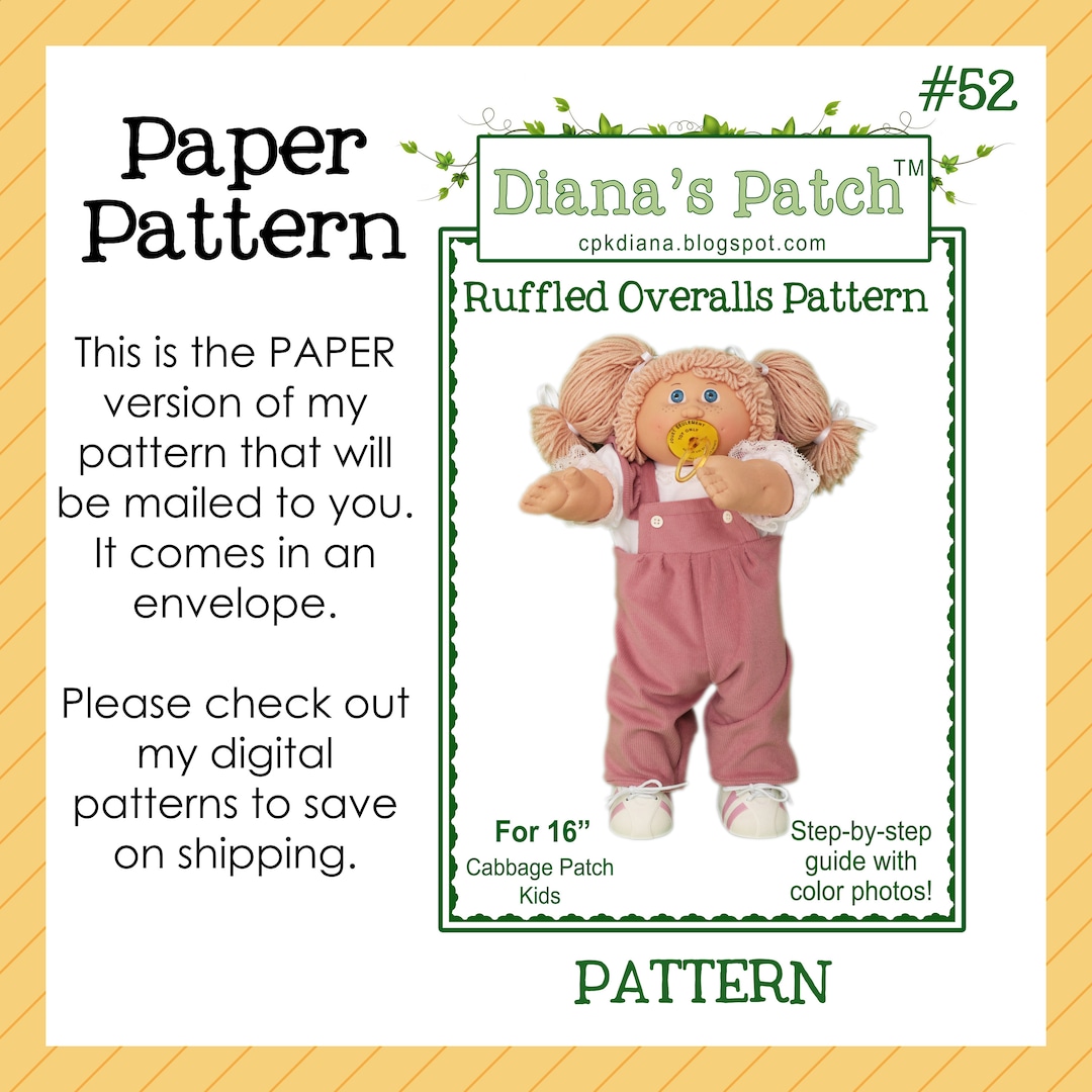 52. Ruffled Overalls PAPER PATTERN for 16" Cabbage Patch Dolls or ...