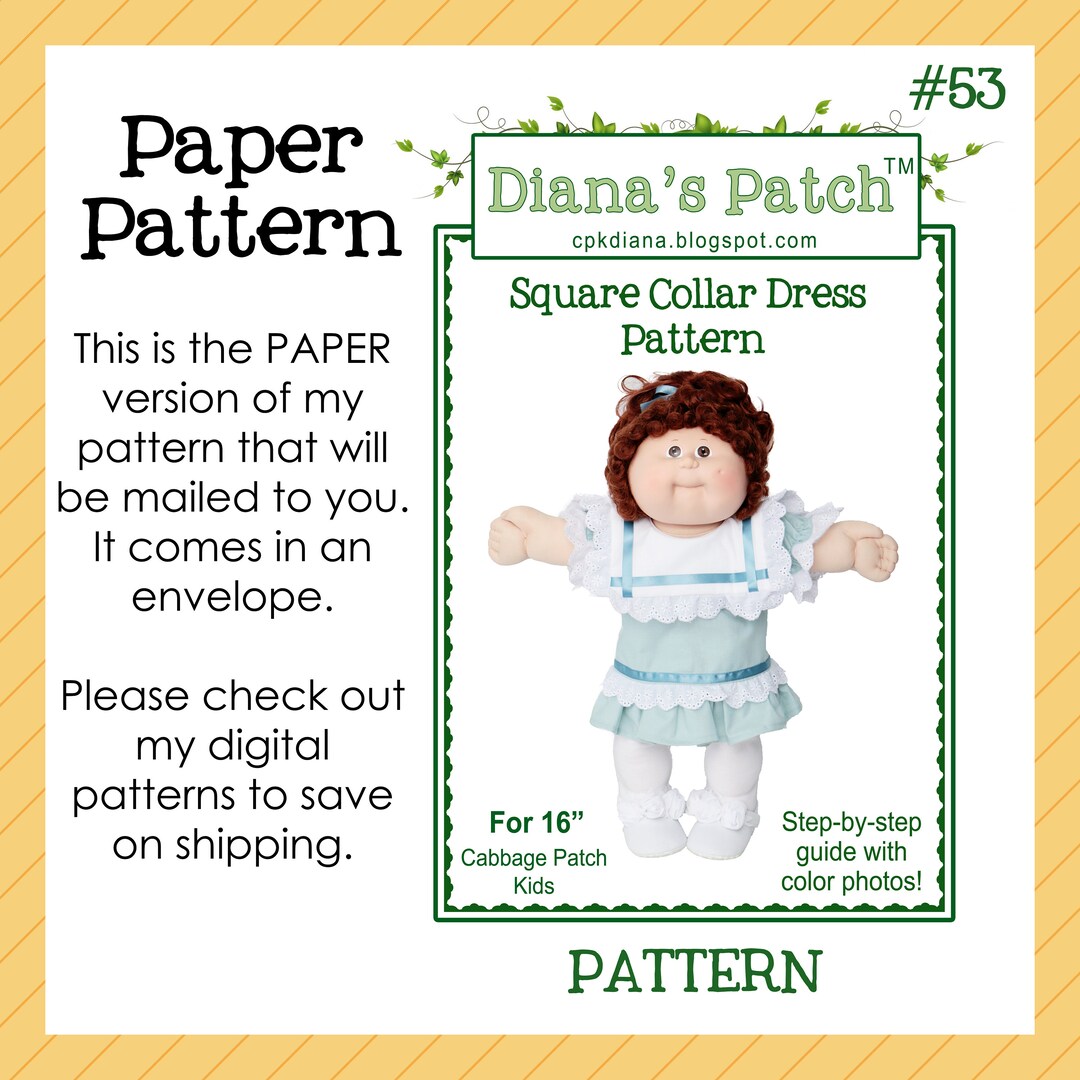 53. Square Collar Dress PAPER PATTERN for 16" Cabbage Patch Dolls or ...