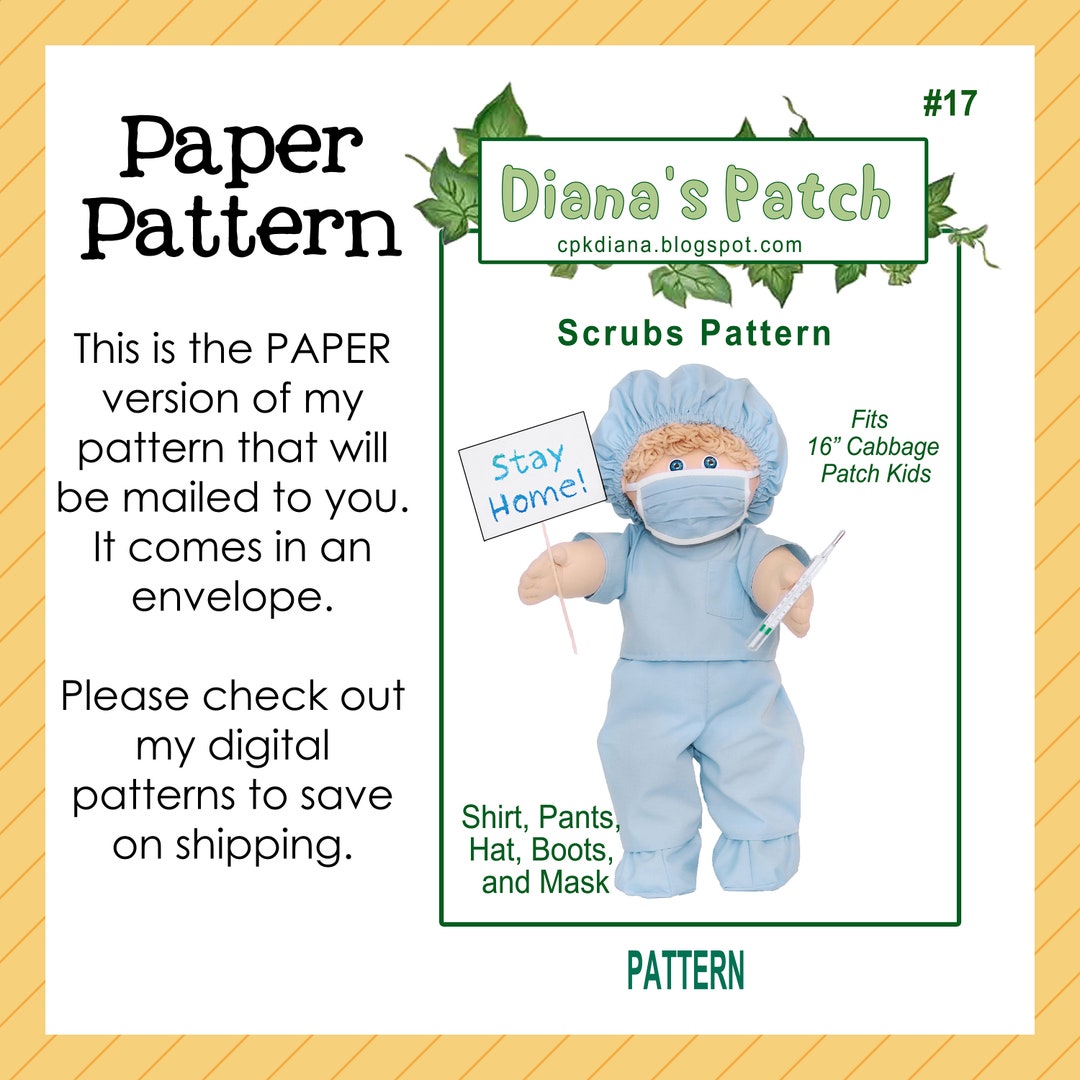 17. Scrubs Nurse Doctor PAPER PATTERN for 16" Cabbage Patch Kids Dolls ...