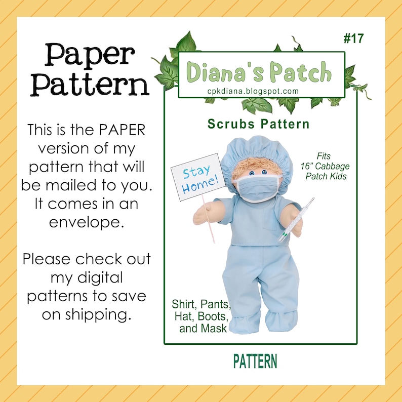 17. Scrubs Nurse Doctor PAPER PATTERN for 16" Cabbage Patch Kids Dolls ...