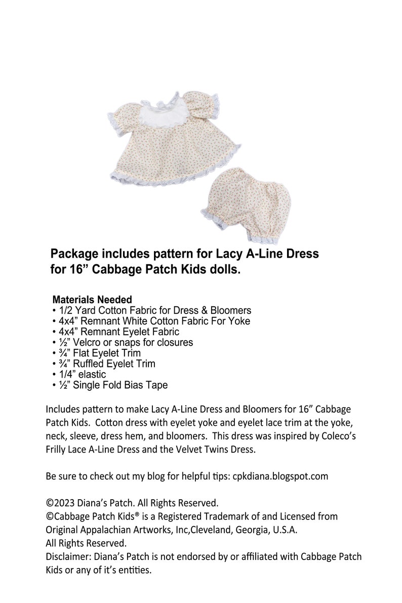 54. Lacy A-line Dress DIGITAL PDF PATTERN for 16" Cabbage Patch Dolls ...