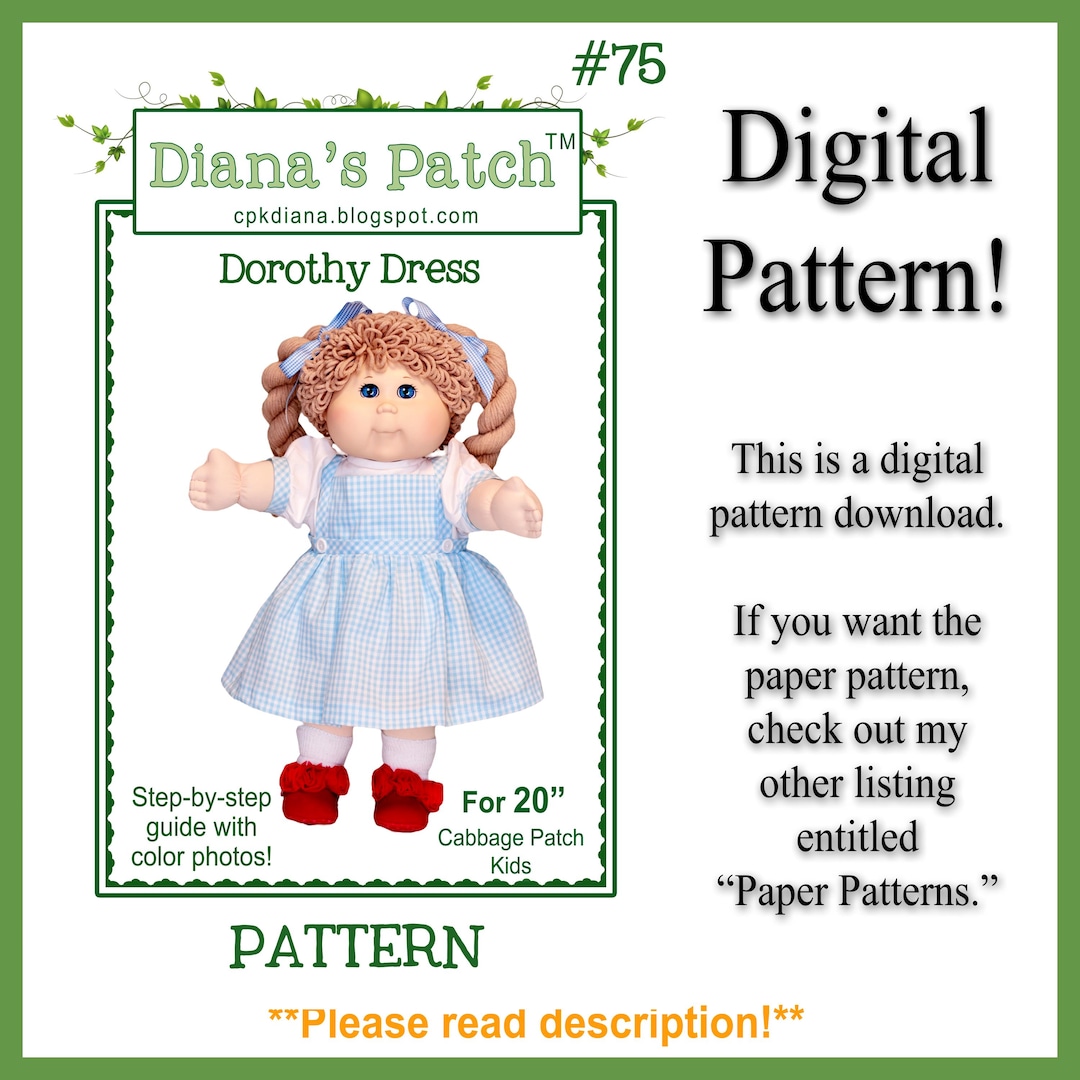 75 Dorothy Dress Pattern Digital Download PDF for 20" Cabbage Patch ...