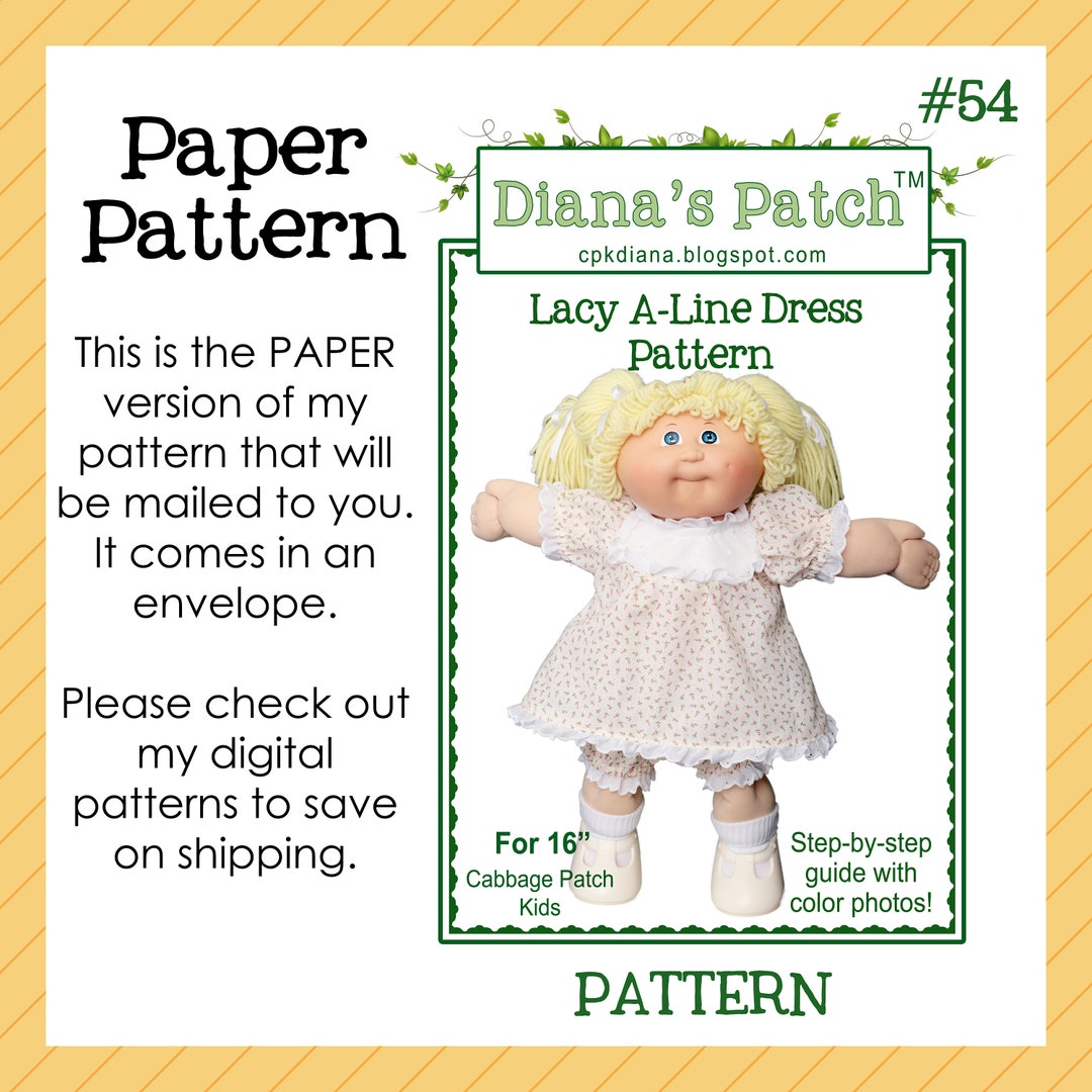 54. Lacy A-line Dress PAPER PATTERN for 16" Cabbage Patch Dolls or ...