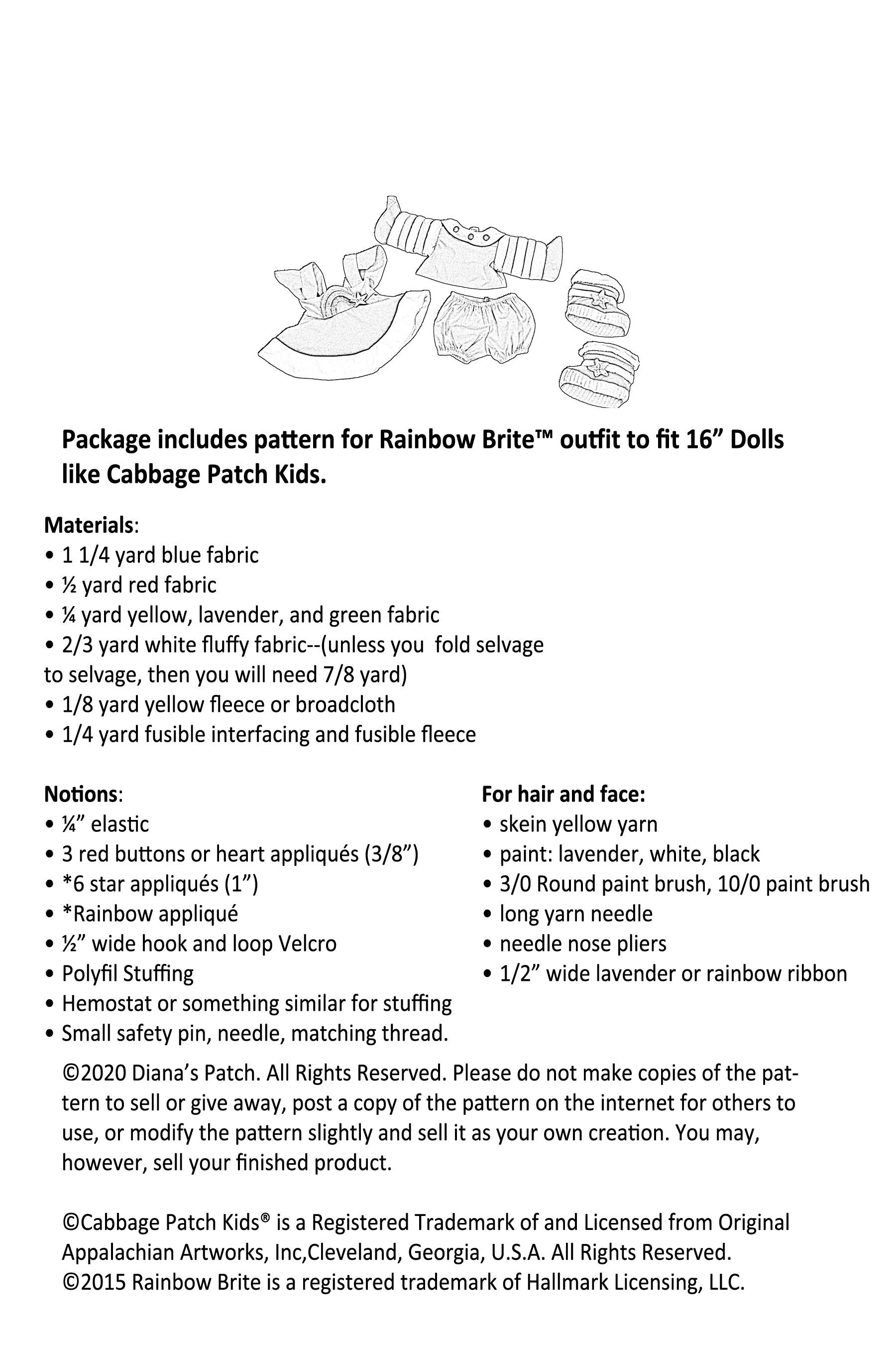 9. PDF Outfit PATTERN Inspired by Rainbow Brite for 16" Cabbage Patch ...