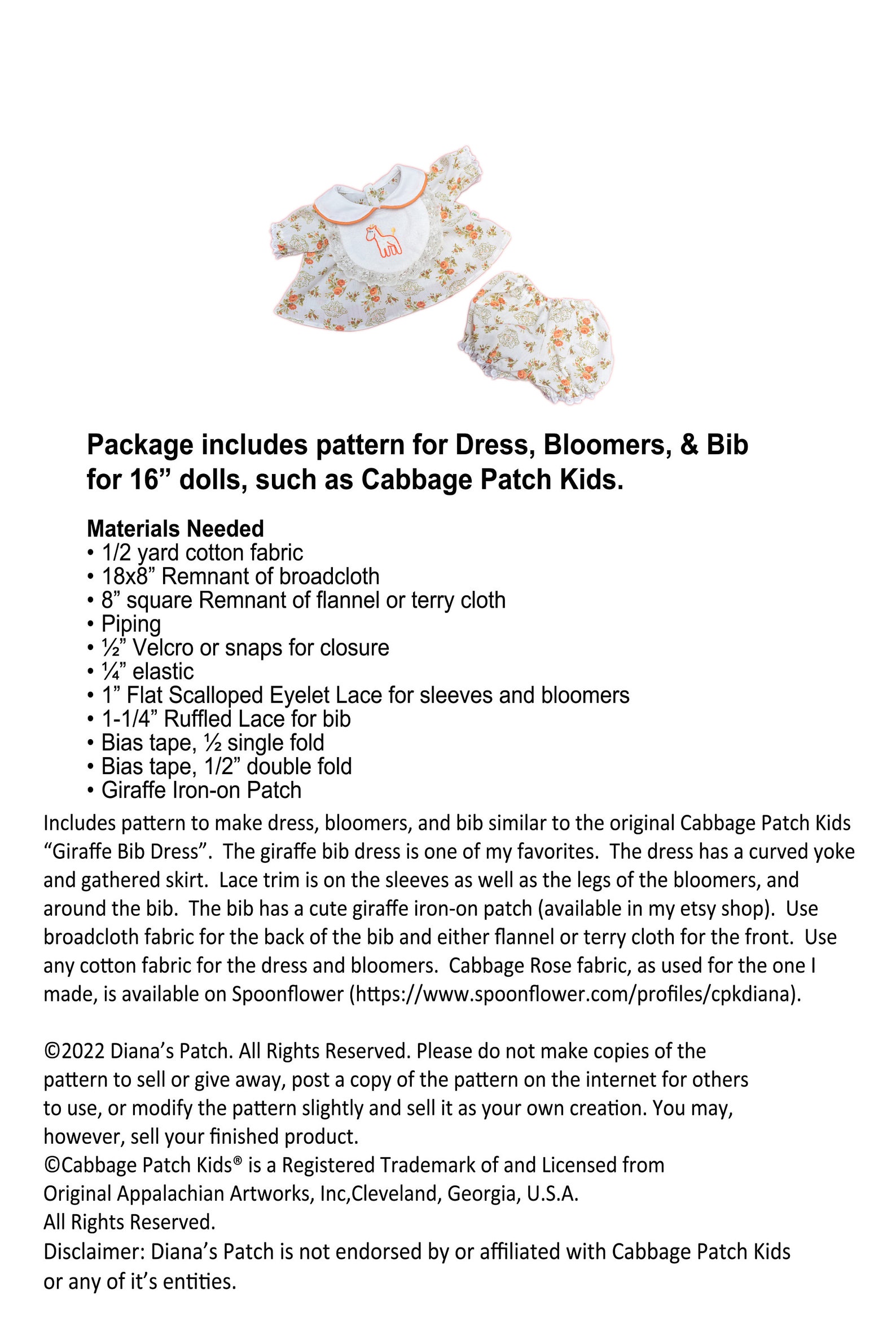 38. Bib Dress Digital PDF PATTERN for Dolls Such as Cabbage Patch Kids ...