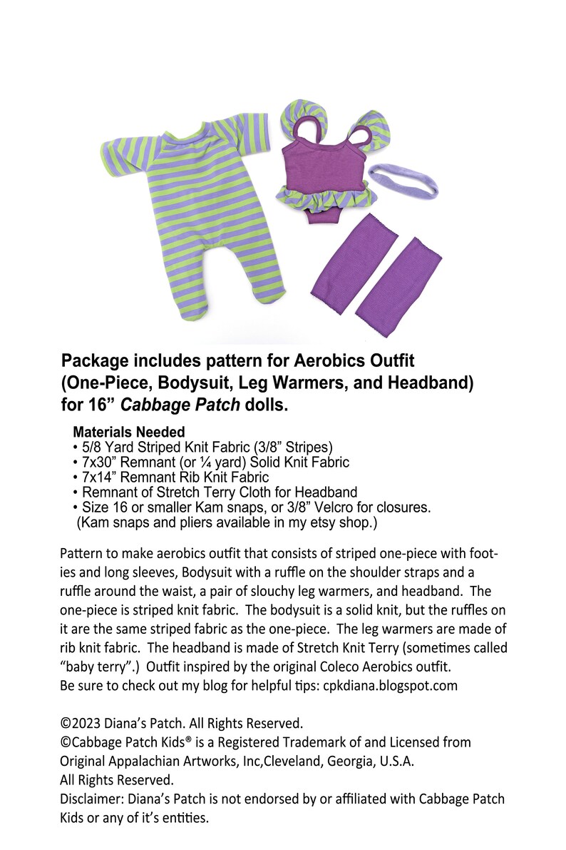 61. Aerobics Outfit DIGITAL PDF PATTERN for 16" Cabbage Patch Dolls or ...